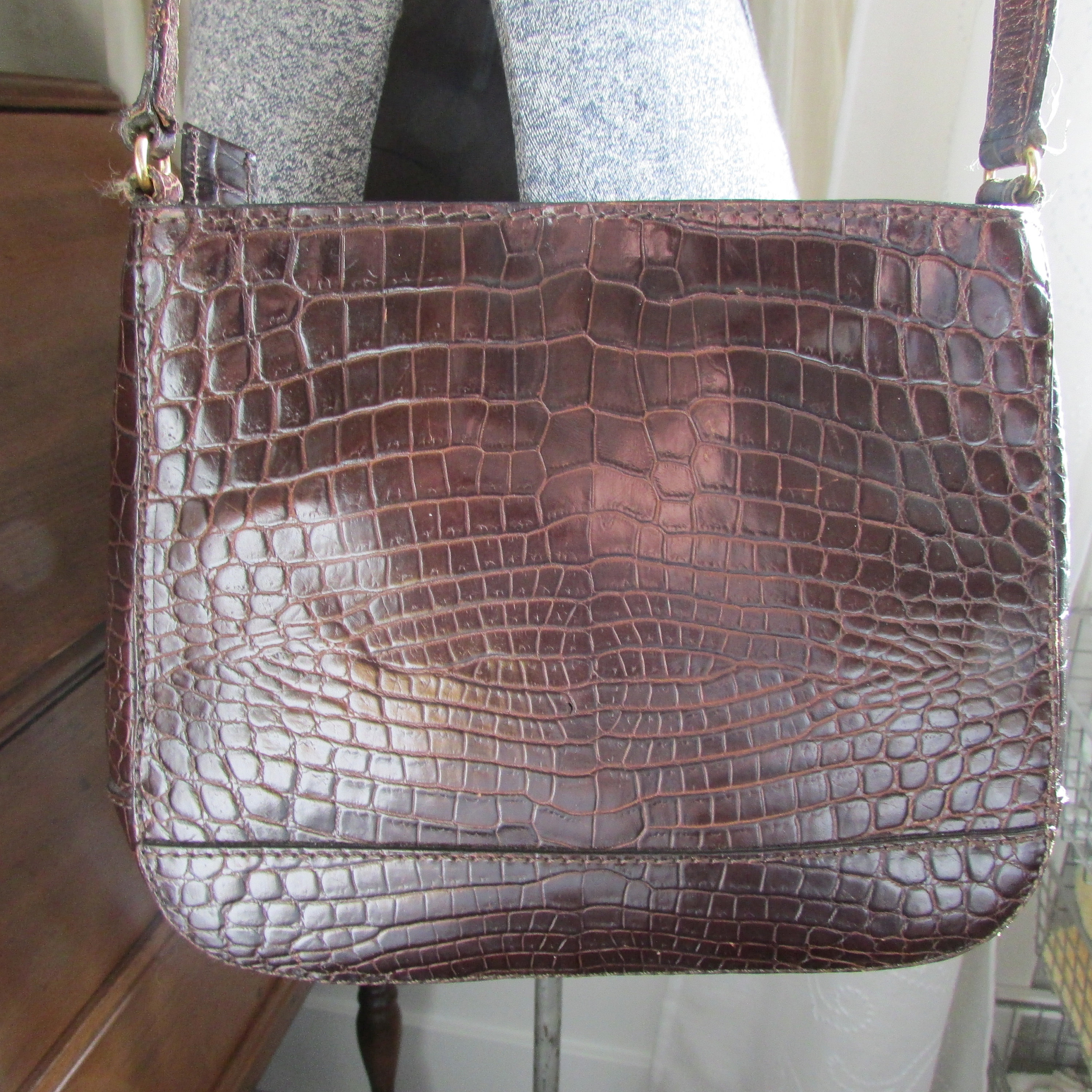 TALBOTS large brown Moc Croc embossed leather shoulder bag purse - www ...