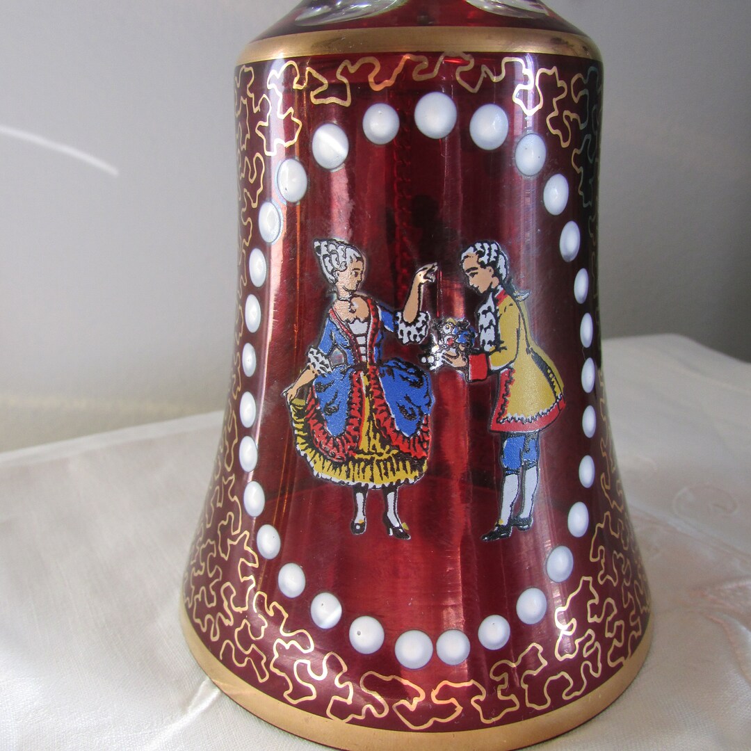 Bohemian Hand Painted Red Glass Bell Victorian Couple Gold Accents ...