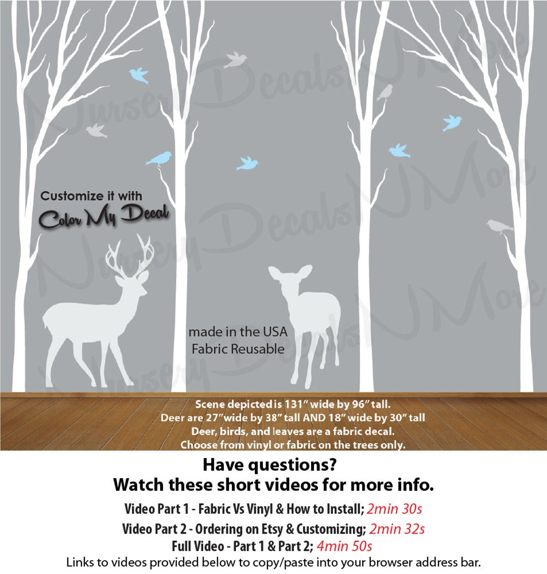 Winter Tree Wall Decal - Forest Tree Sticker Deer in Forest Decal (grey ...