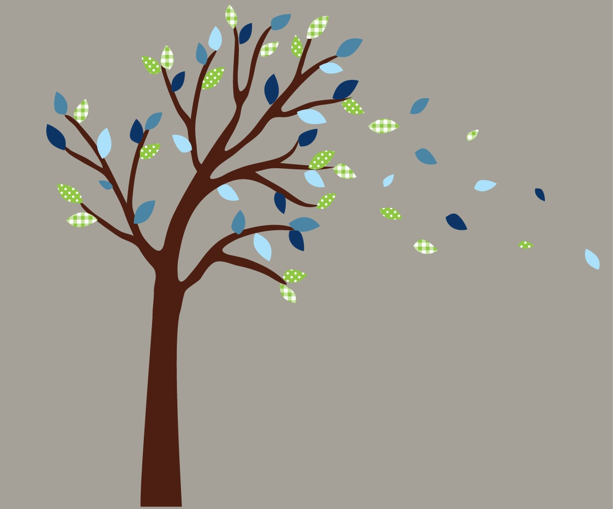 Leaning Tree Decal Blowing Leaves Wall Stickers Green Envy | Etsy