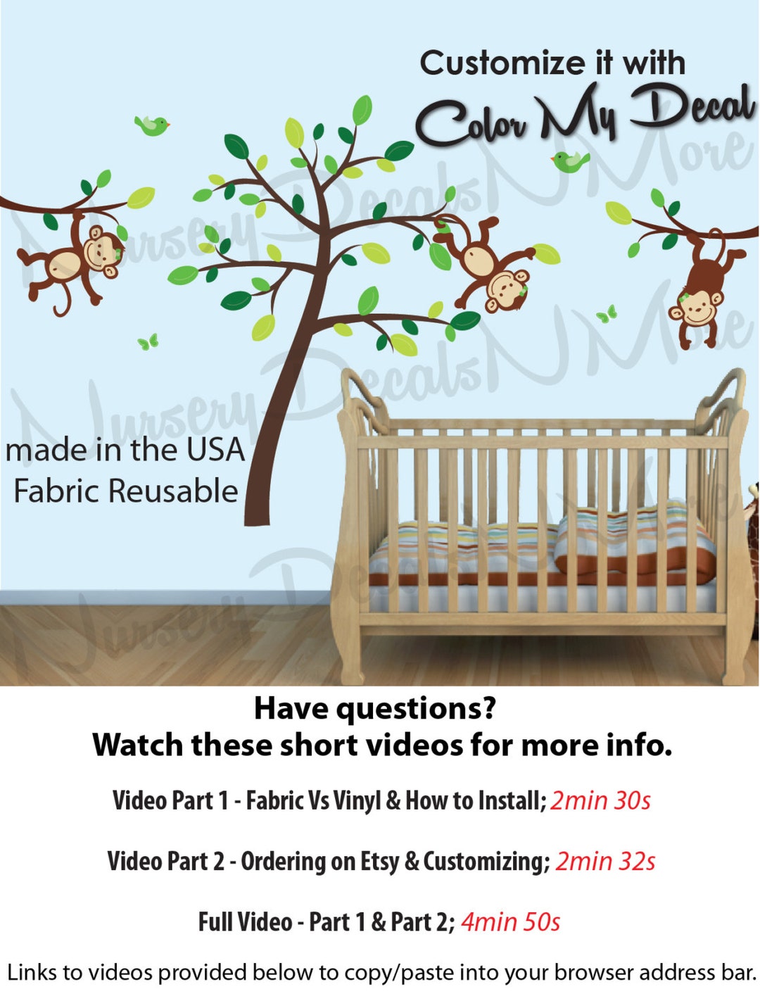 Monkey Wall Decal, Monkeys Hanging on a Tree Wall Decals (brown Green ...
