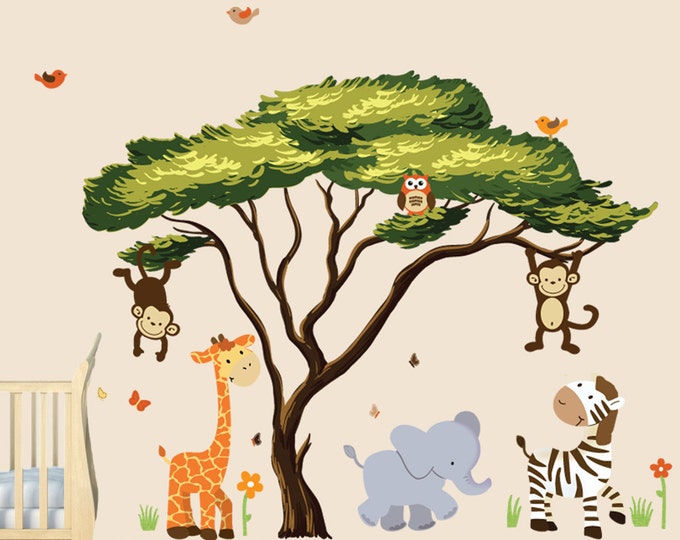 African Tree With Jungle Animals Wall Decal, Wall Stickers ...
