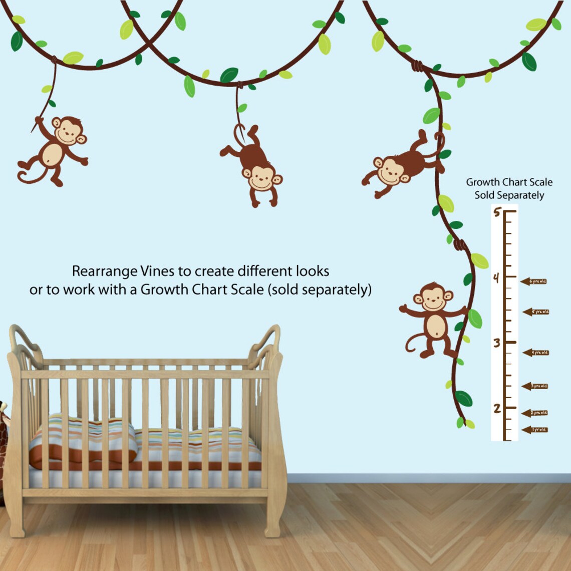 Monkey Wall Decal Growth Chart Swinging Monkeys on Vines - Etsy