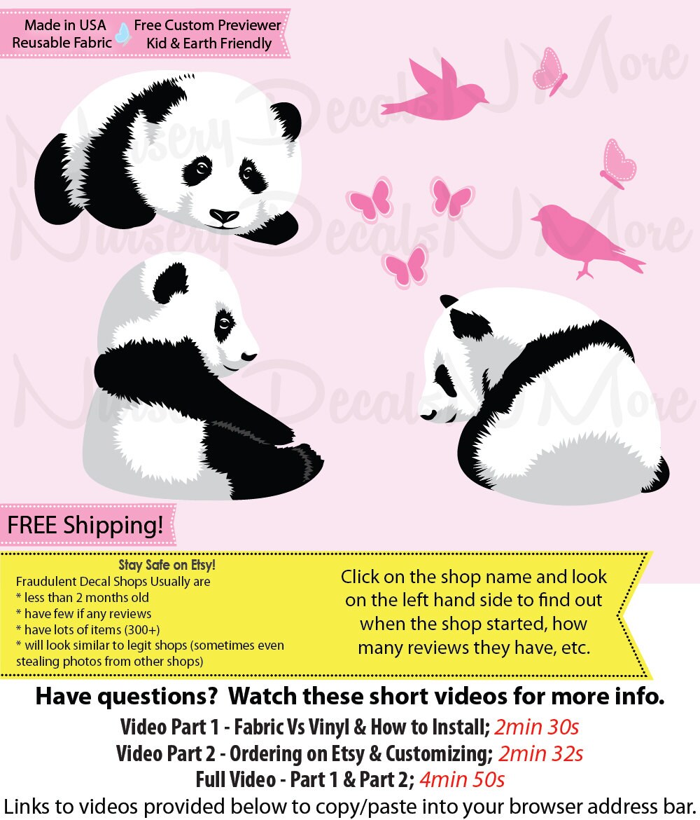 Kids Wall Stickers Panda Decals Pink Butterfly Decal Panda | Etsy