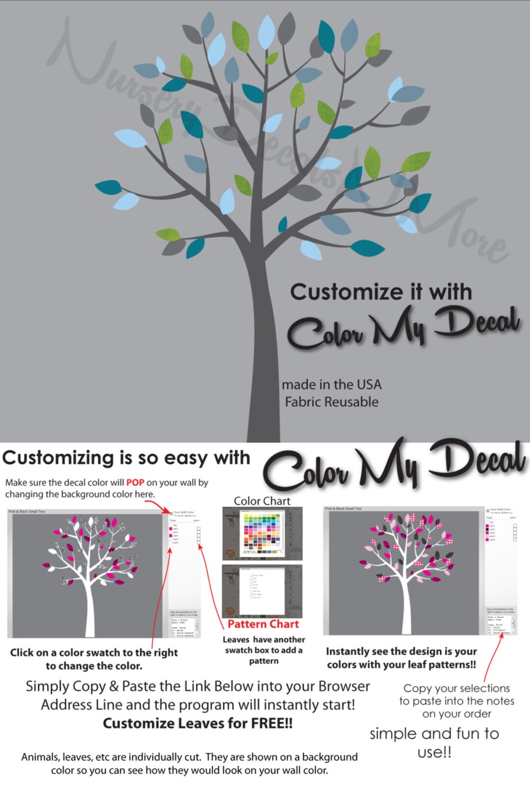 Gray Tree Wall Decal With Leaves, Nursery Wall Decal for Kids Room ...