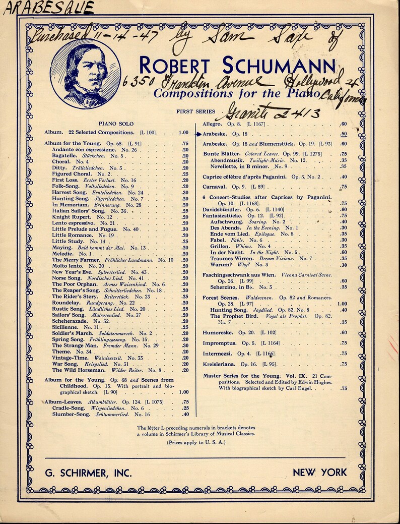 Robert Schumann - Arabesque Op.19 - 11 Page Advanced Piano Solo Revised by Harold Bauer -1943c ...