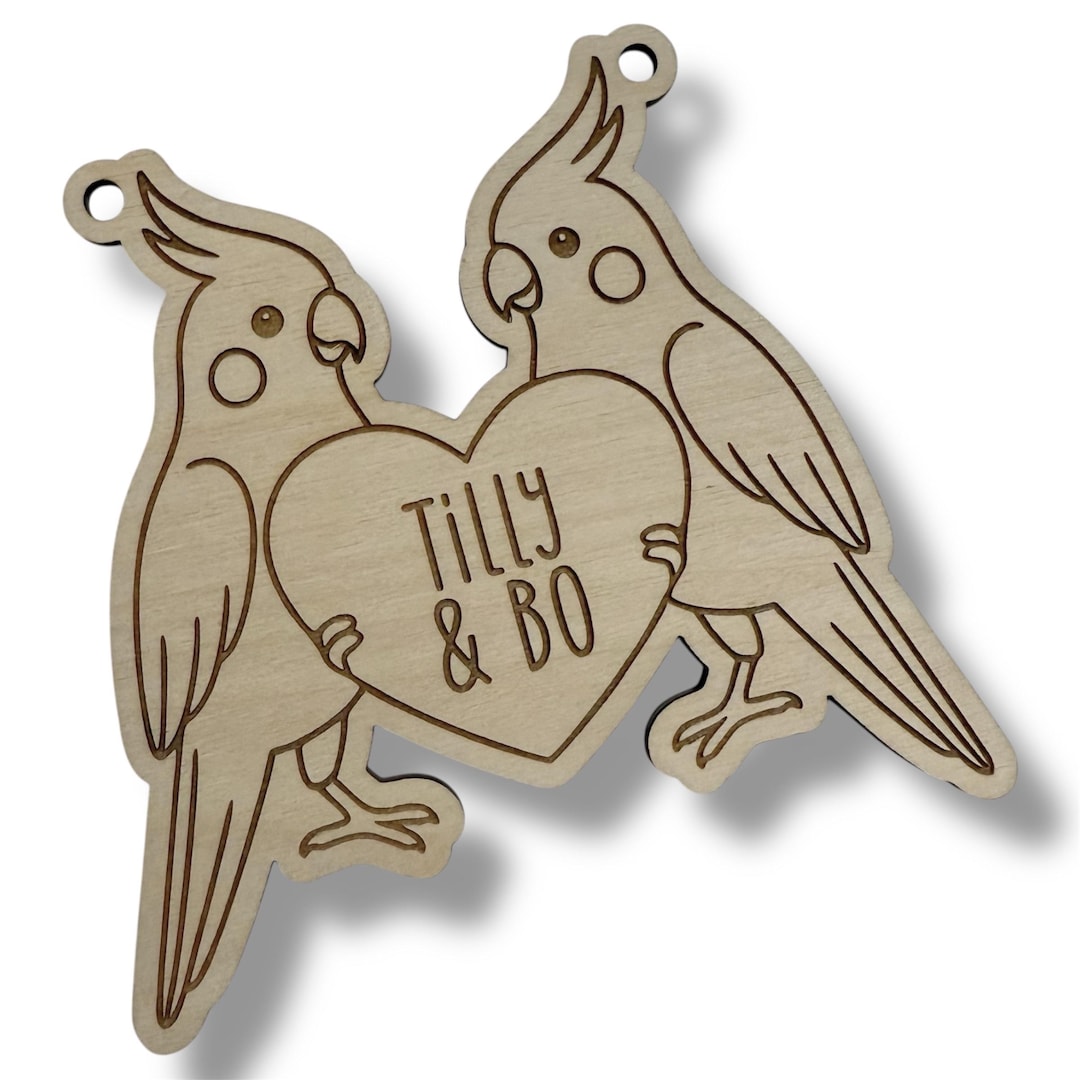 Personalized Cockatiel Duo Heart Cage Tag - Custom Engraved Wood Bird ...