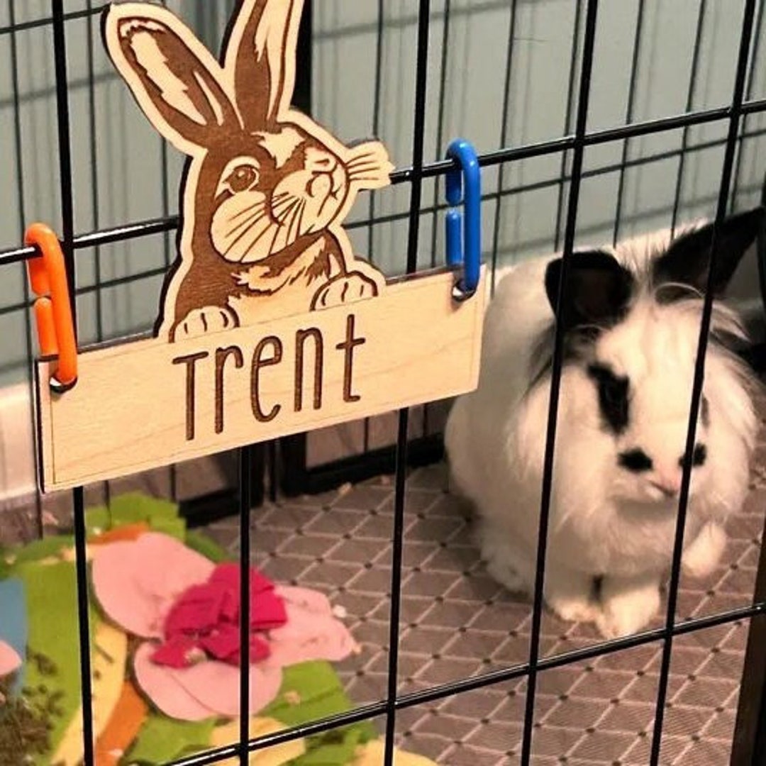 Bunny Rabbit Ears up Cage Tag, Personalized, Custom, Engraved Wood, Pet ...