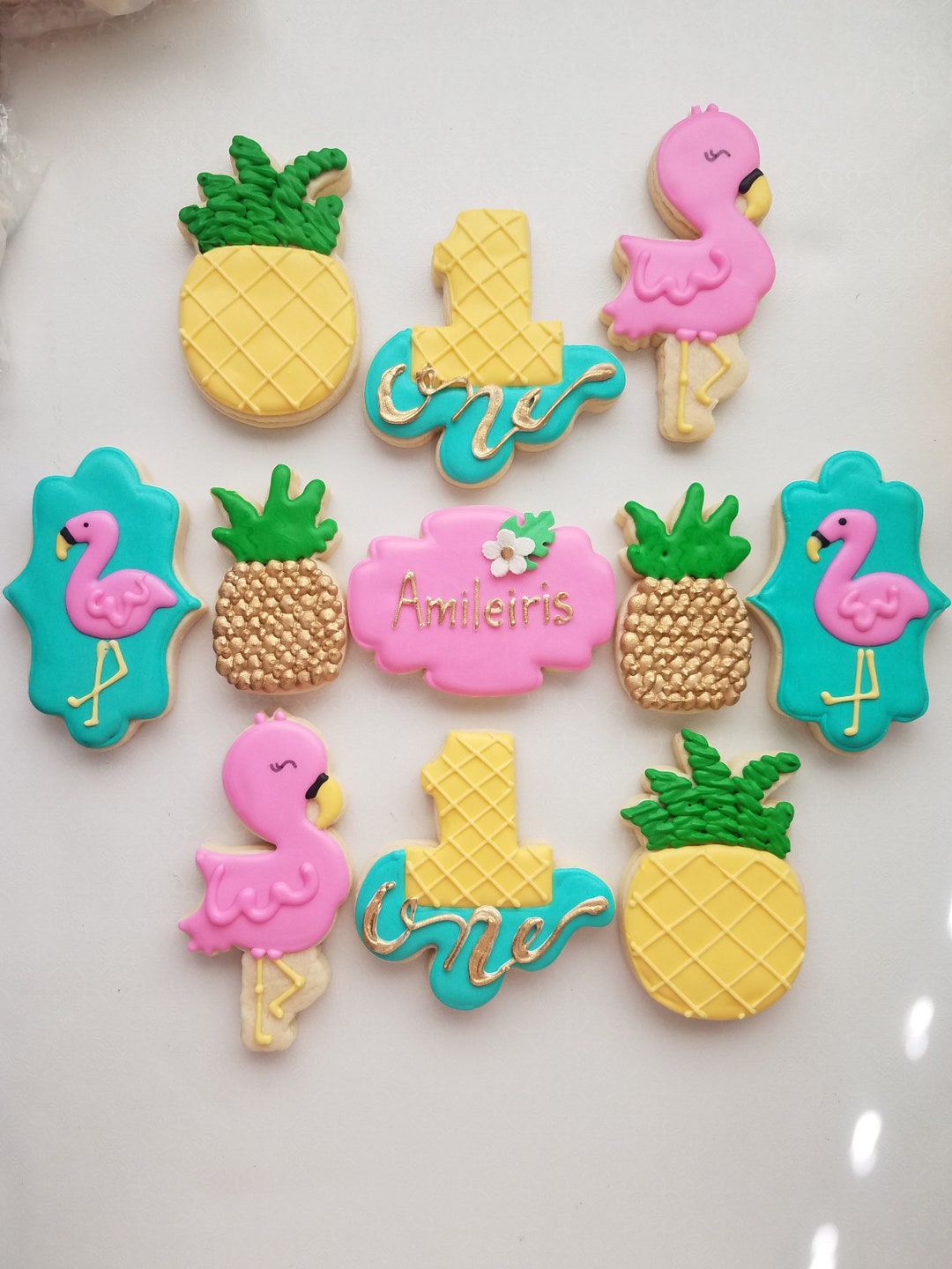 Flamingo 1st Birthday Sugar Cookies: Tropical Pineapple Set - Etsy