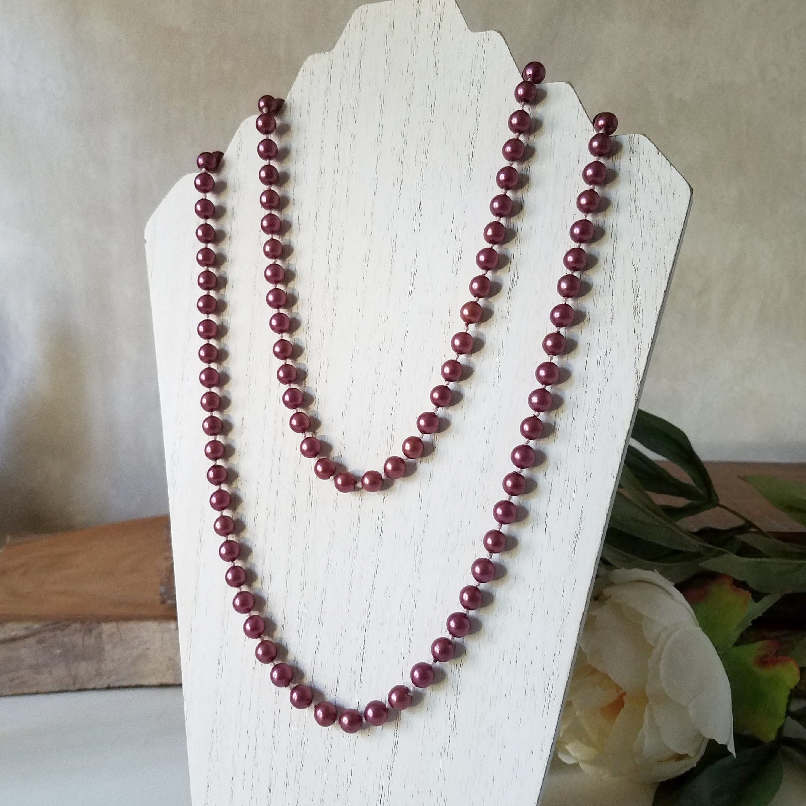 Long Pearl Necklace, Knotted Purple Red Freshwater Pearl Necklace, 44 ...