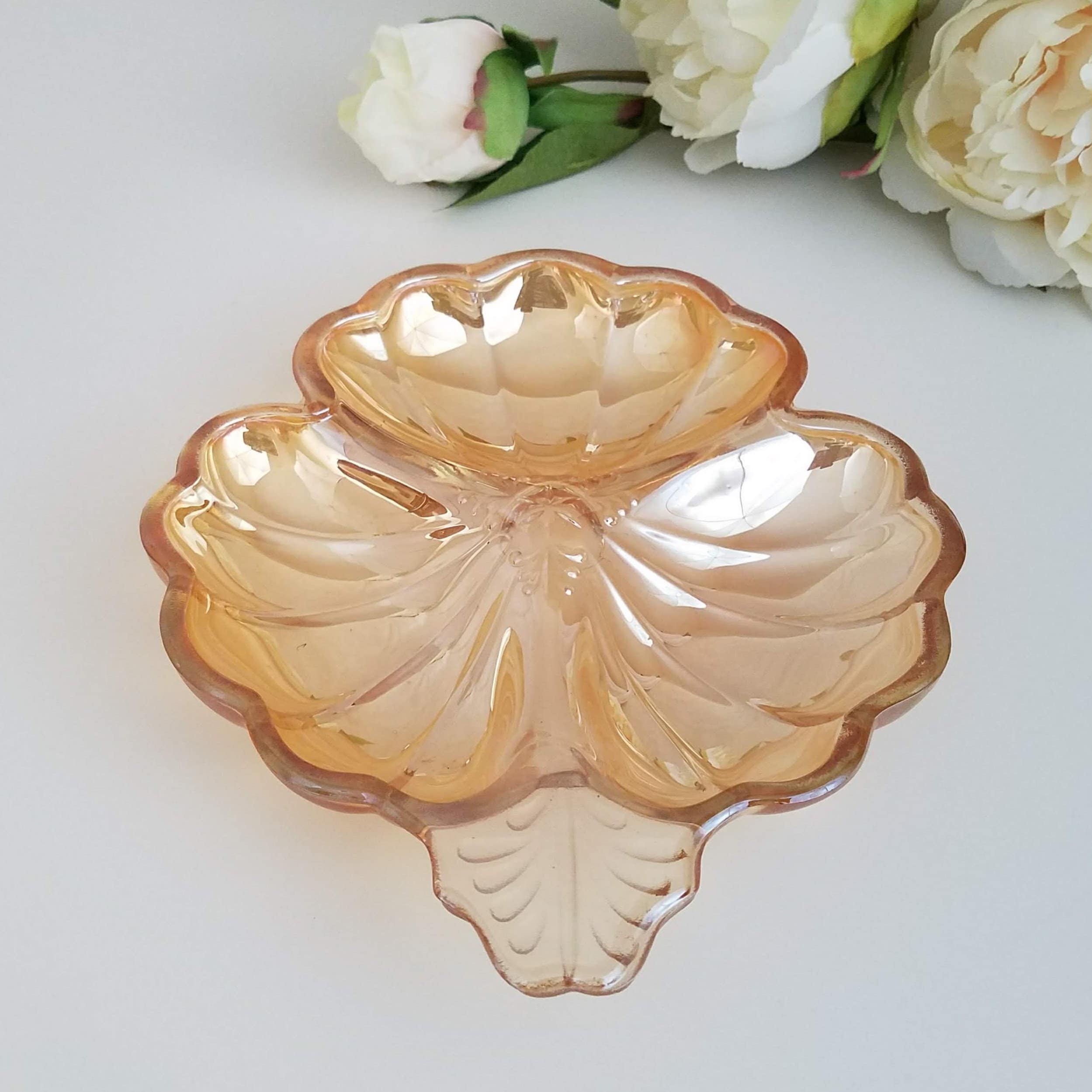 Vintage Carnival Glass Candy Dish, Jeannette Marigold Doric Clover ...