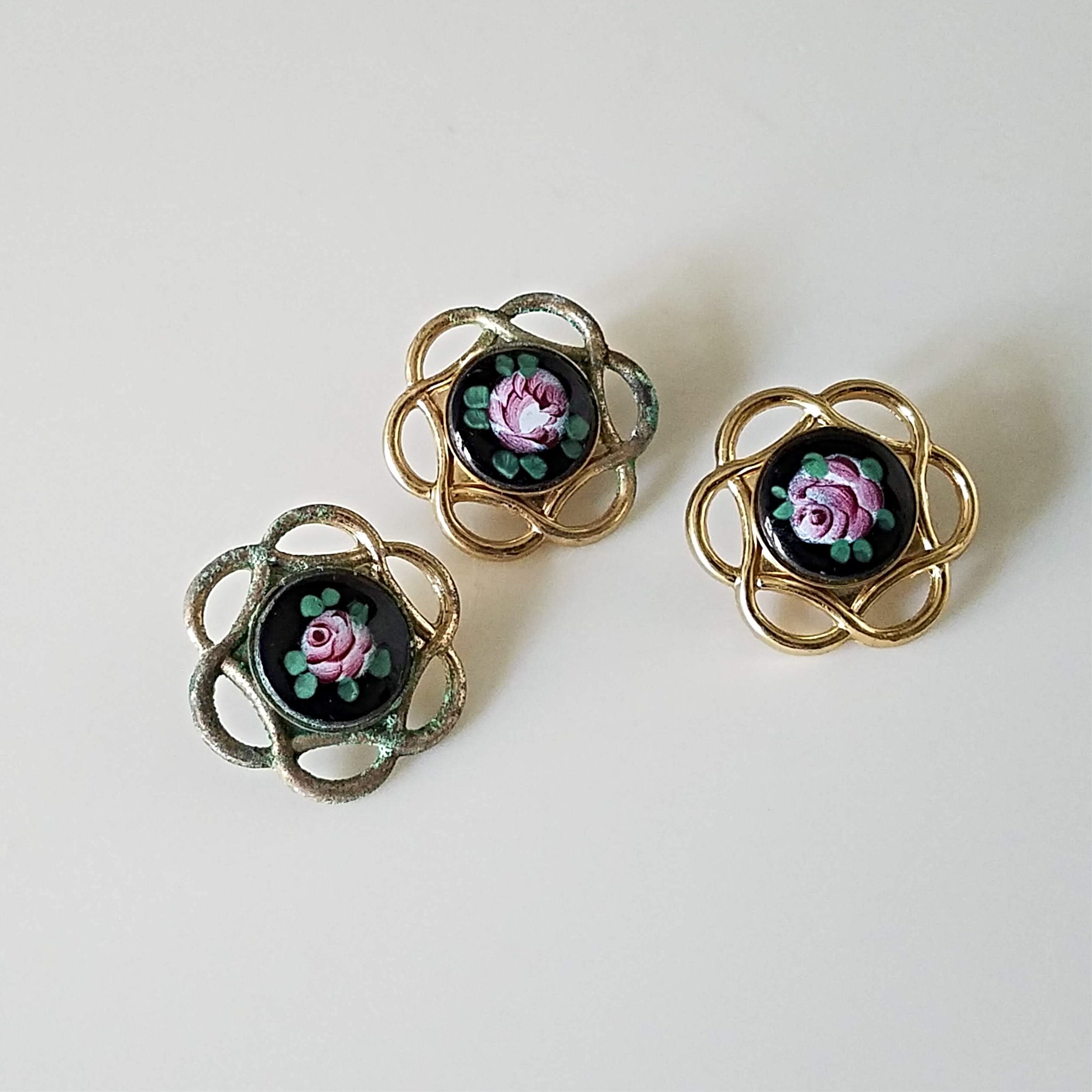 Vintage Buttons, Hand Painted Pink Roses on Black Porcelain with Brass ...