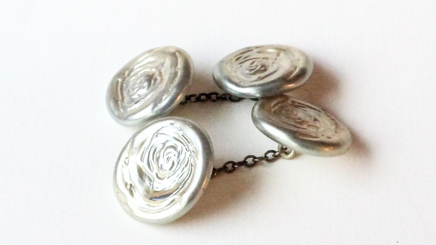 Vintage Cuff Links, Silver White Cufflinks, Vintage Rose Buttons, Chain ...