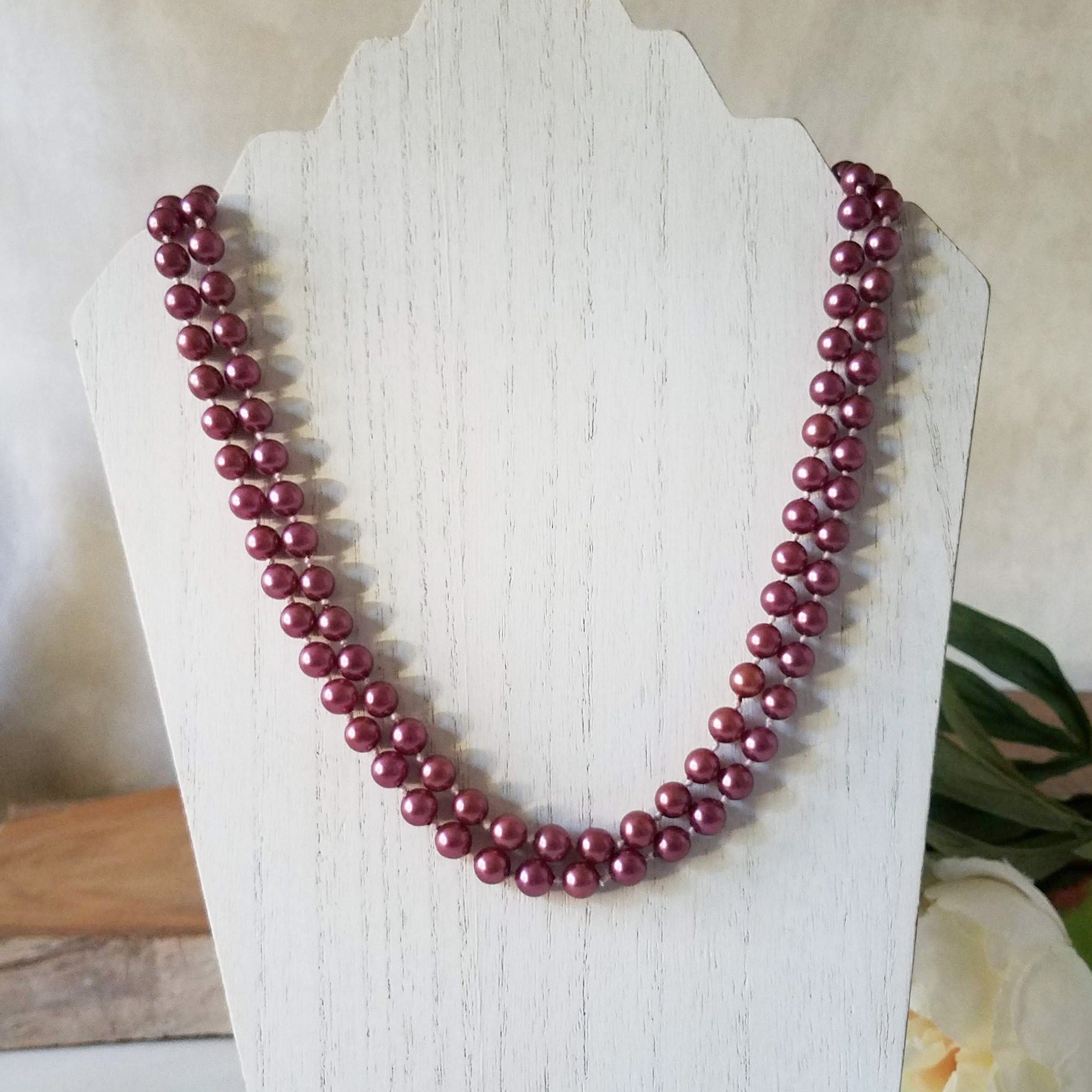 Long Pearl Necklace, Knotted Purple Red Freshwater Pearl Necklace, 44 ...