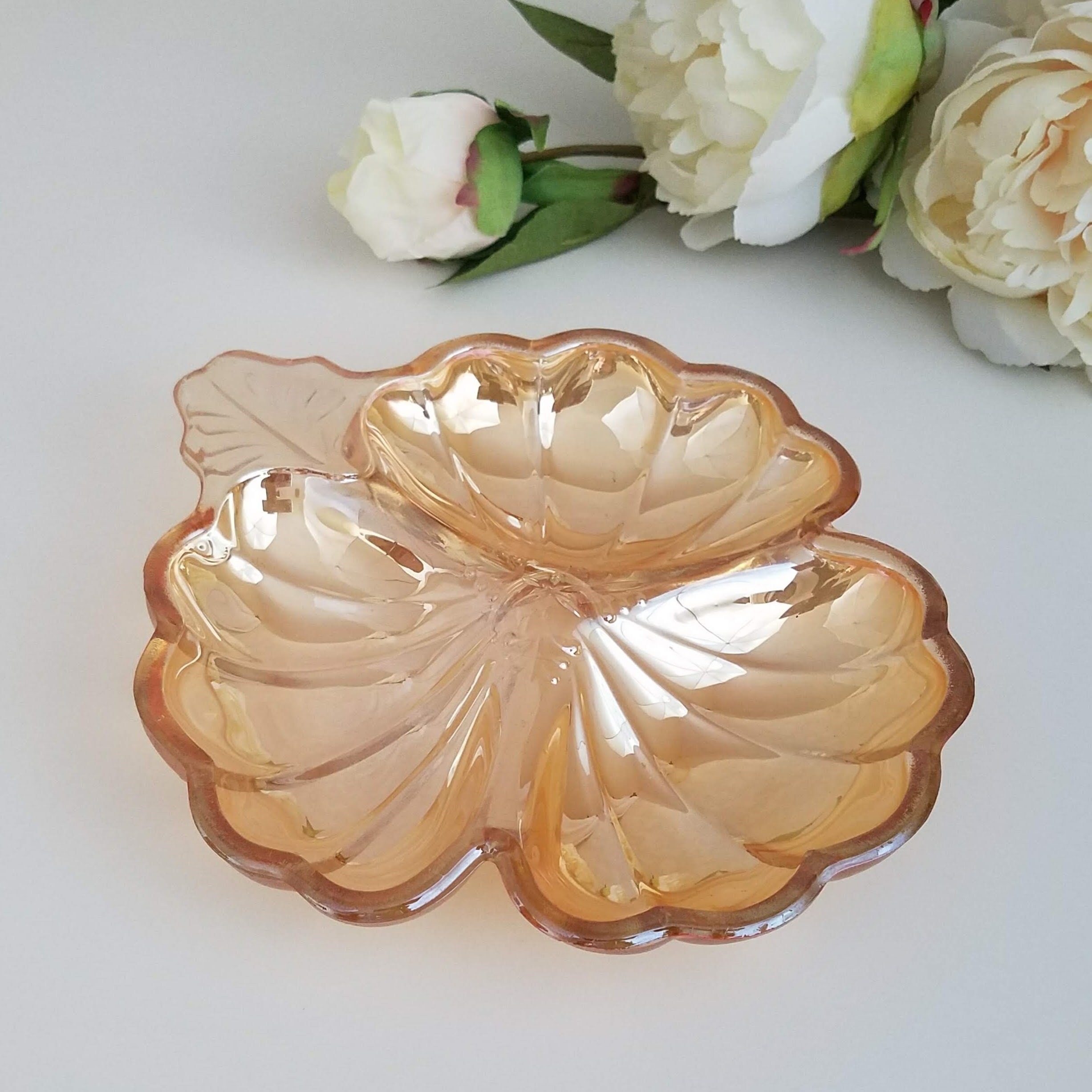 Vintage Carnival Glass Candy Dish, Jeannette Marigold Doric Clover ...