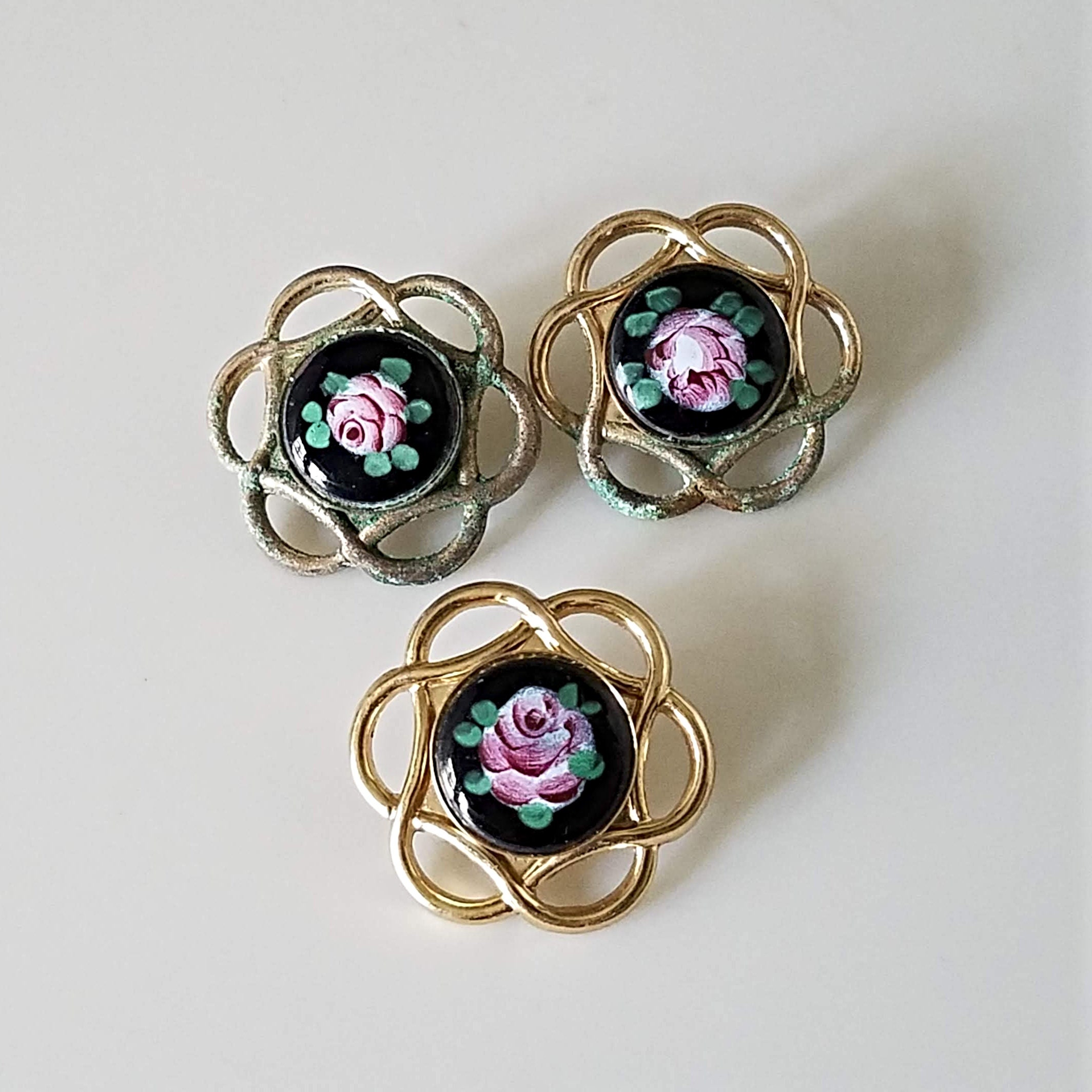 Vintage Buttons, Hand Painted Pink Roses on Black Porcelain with Brass ...