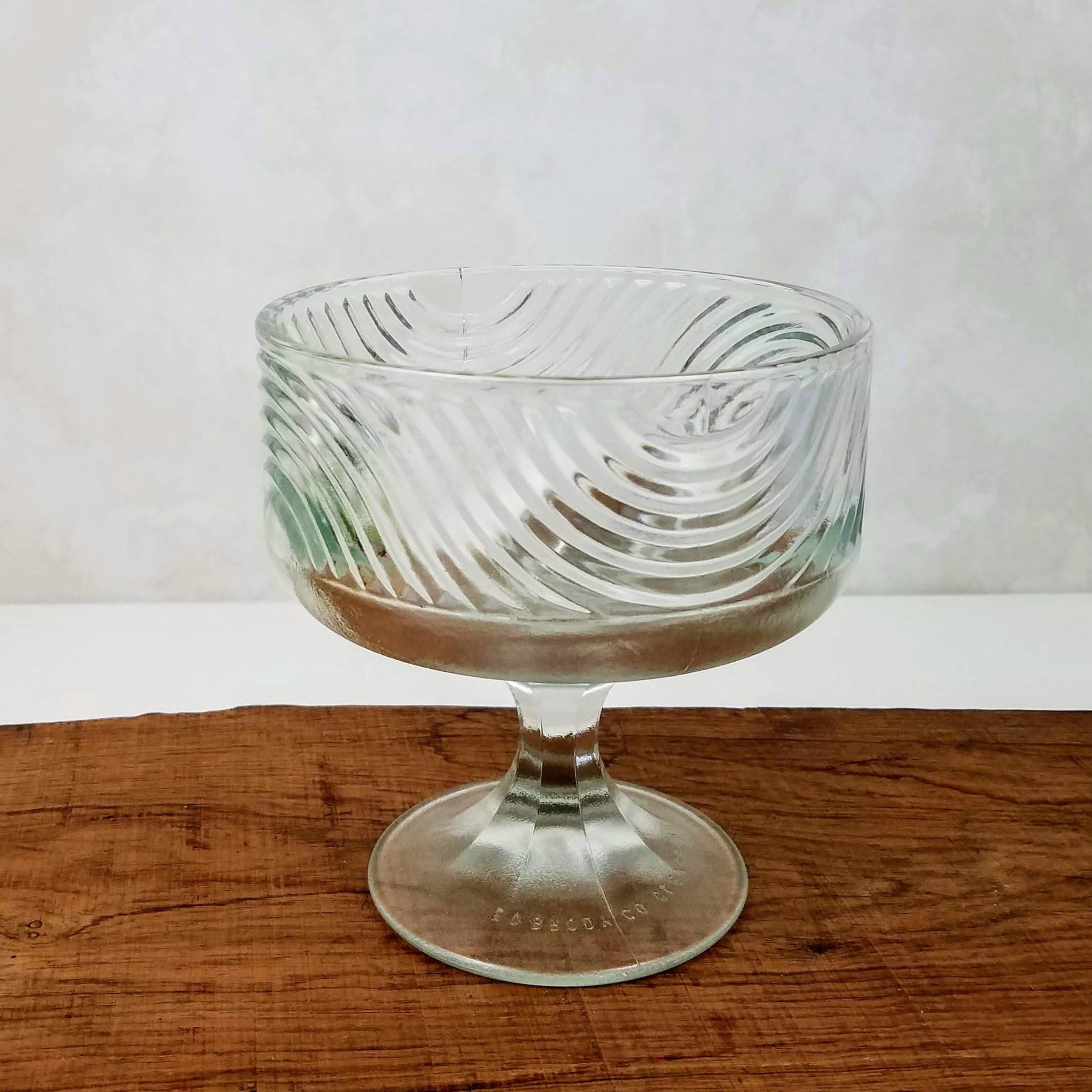 Vintage Pressed Glass Compote, EO Brody Company Small Swirled Clear Compote