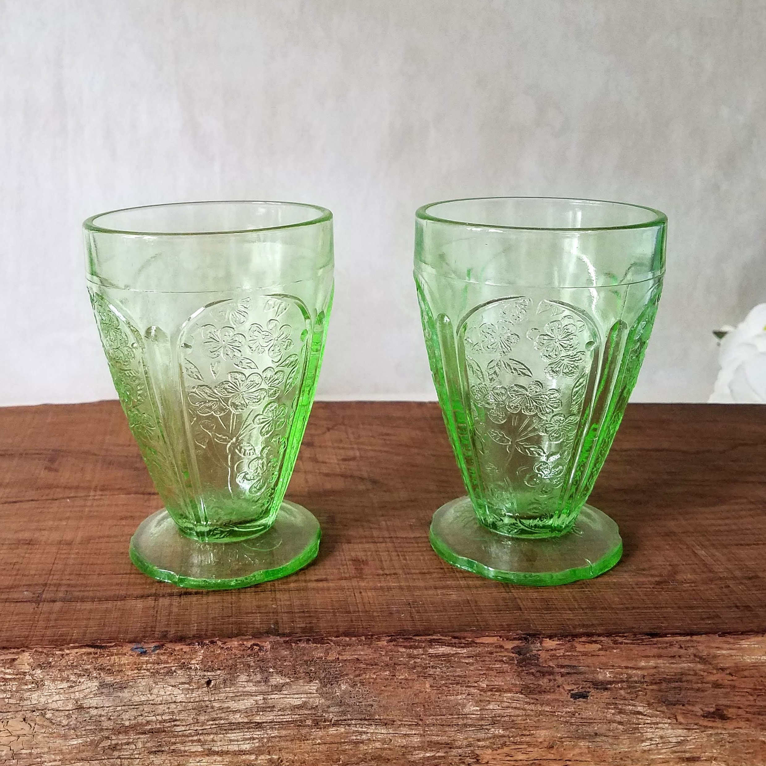 Vintage Green Pressed Glass Footed Tumblers or Goblets, Two Cherry ...