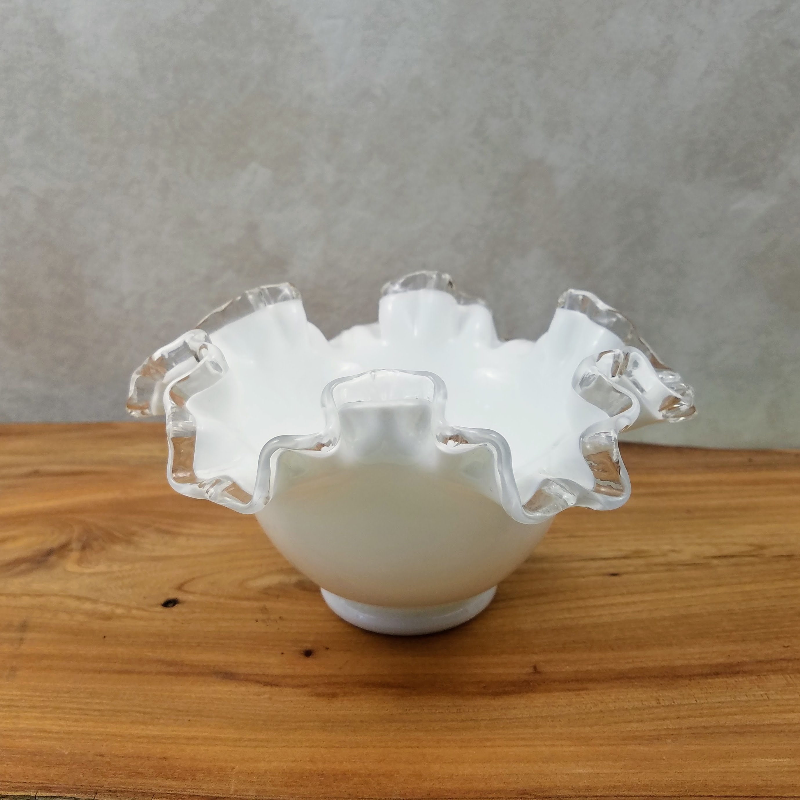 Vintage Milk Glass Ruffled Bowl with Clear Edge, White Farmhouse Decor