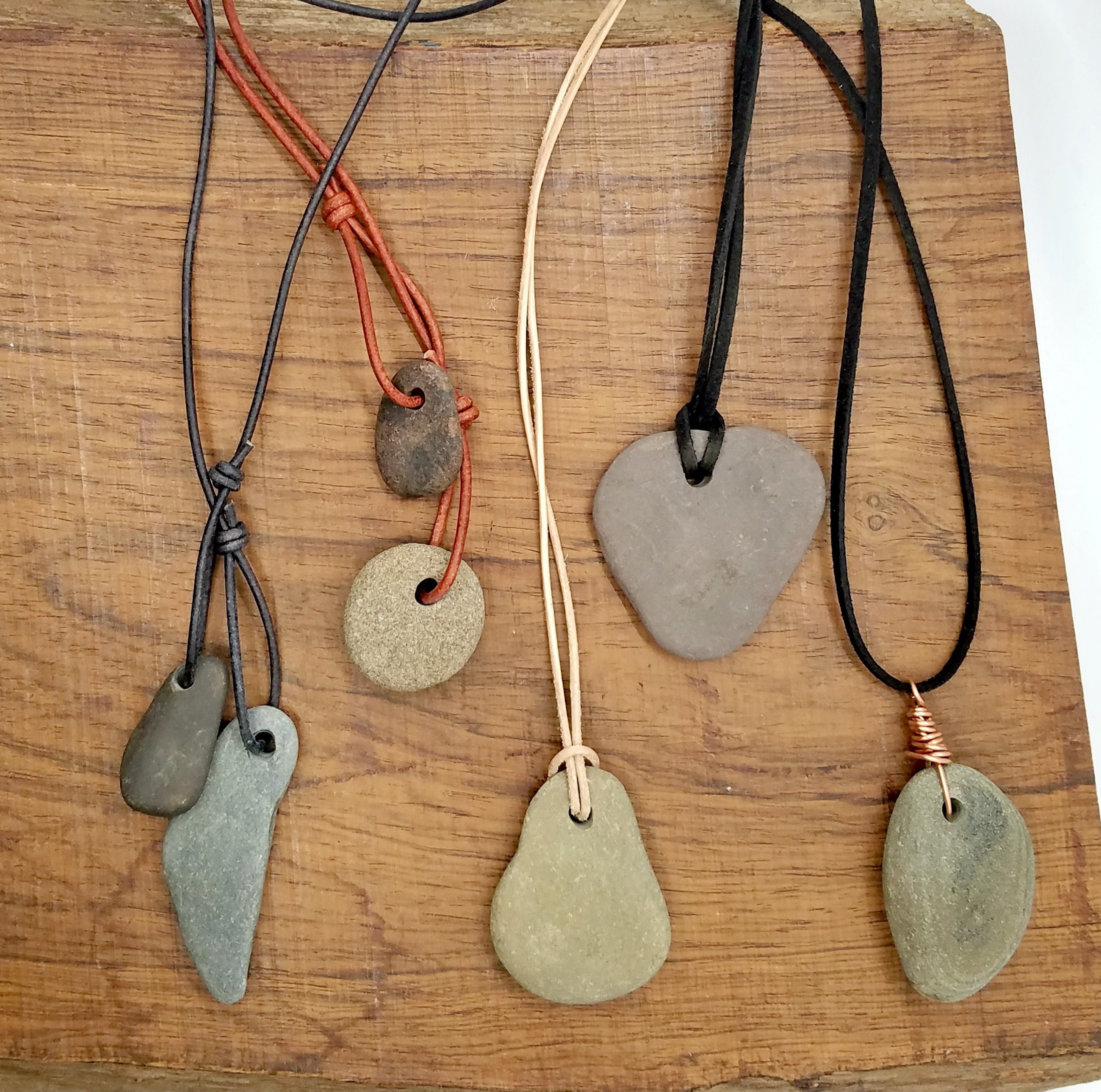 River Rock Necklace, Stone Pendant on Adjustable Leather Necklace ...