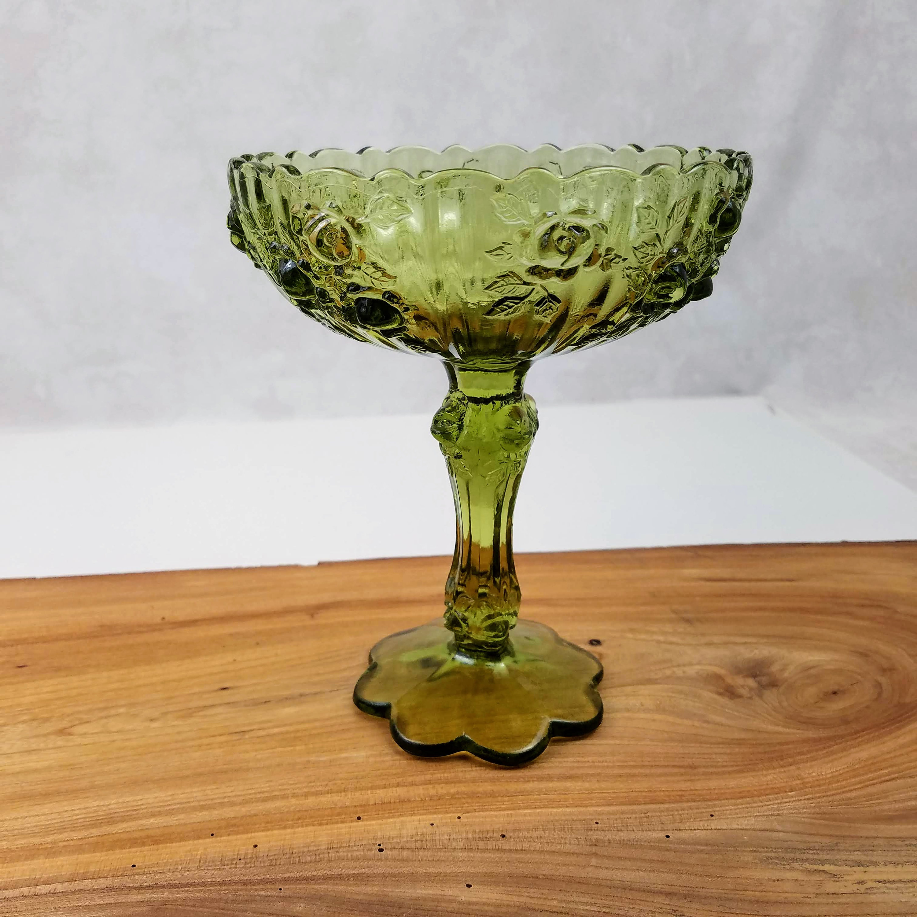 Fenton Cabbage Rose Compote, Green Glass Pedestal Dish, Vintage Art ...