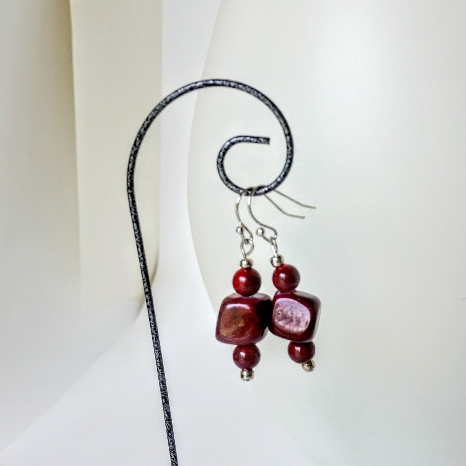 Red Earrings, Merlot Stone Earrings on Silver Plated Wire, Dangle Drop ...