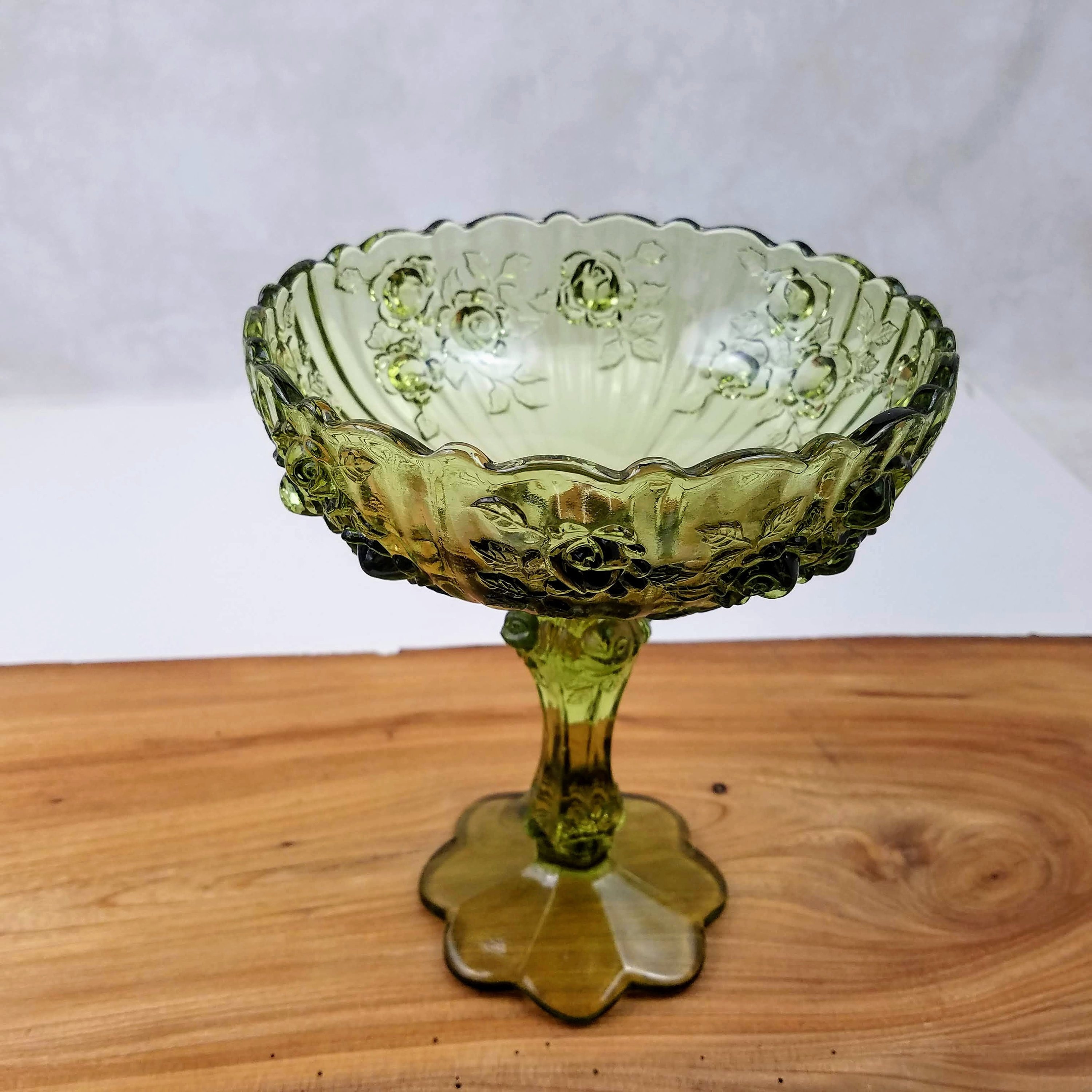 Fenton Cabbage Rose Compote, Green Glass Pedestal Dish, Vintage Art ...