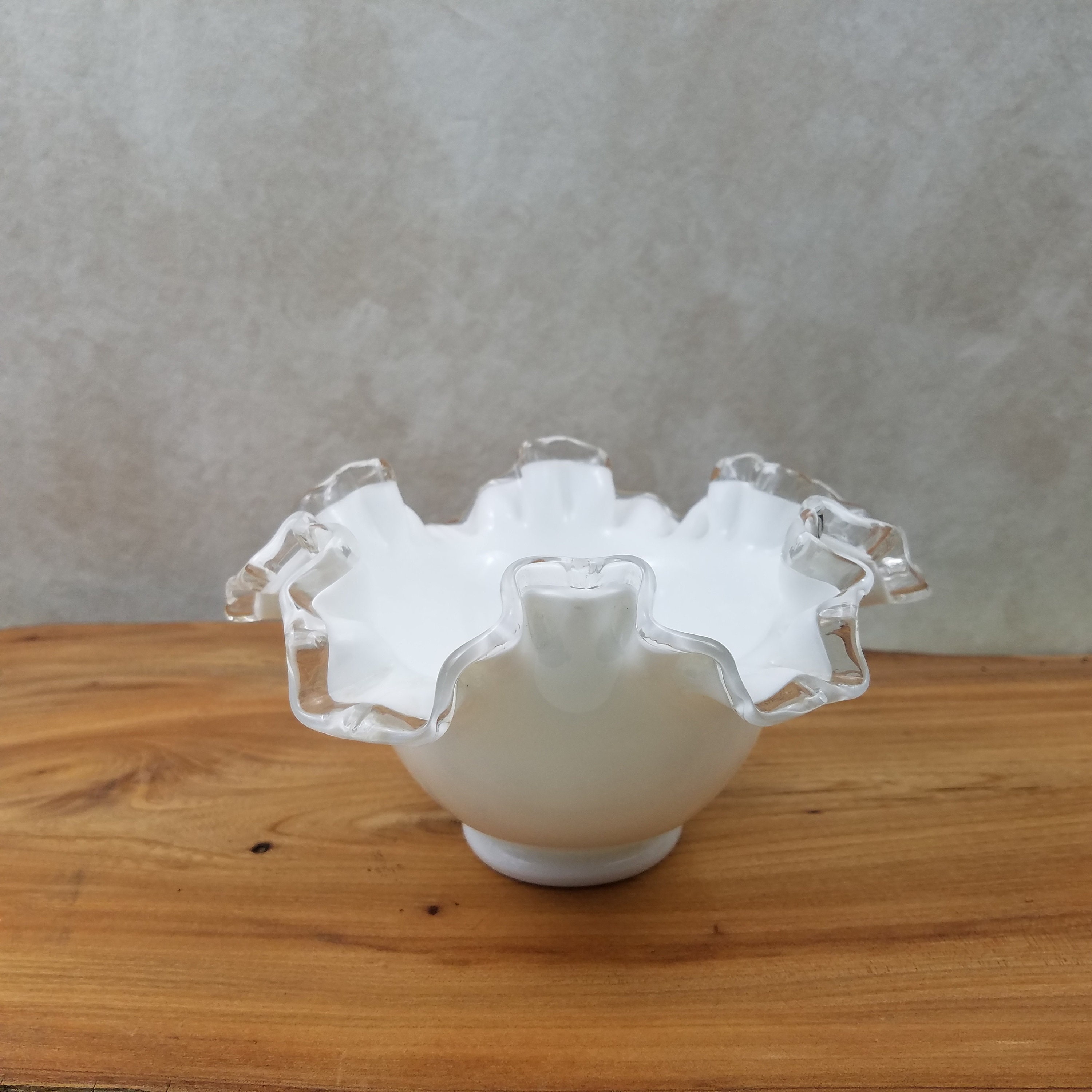 Vintage Milk Glass Ruffled Bowl with Clear Edge, White Farmhouse Decor