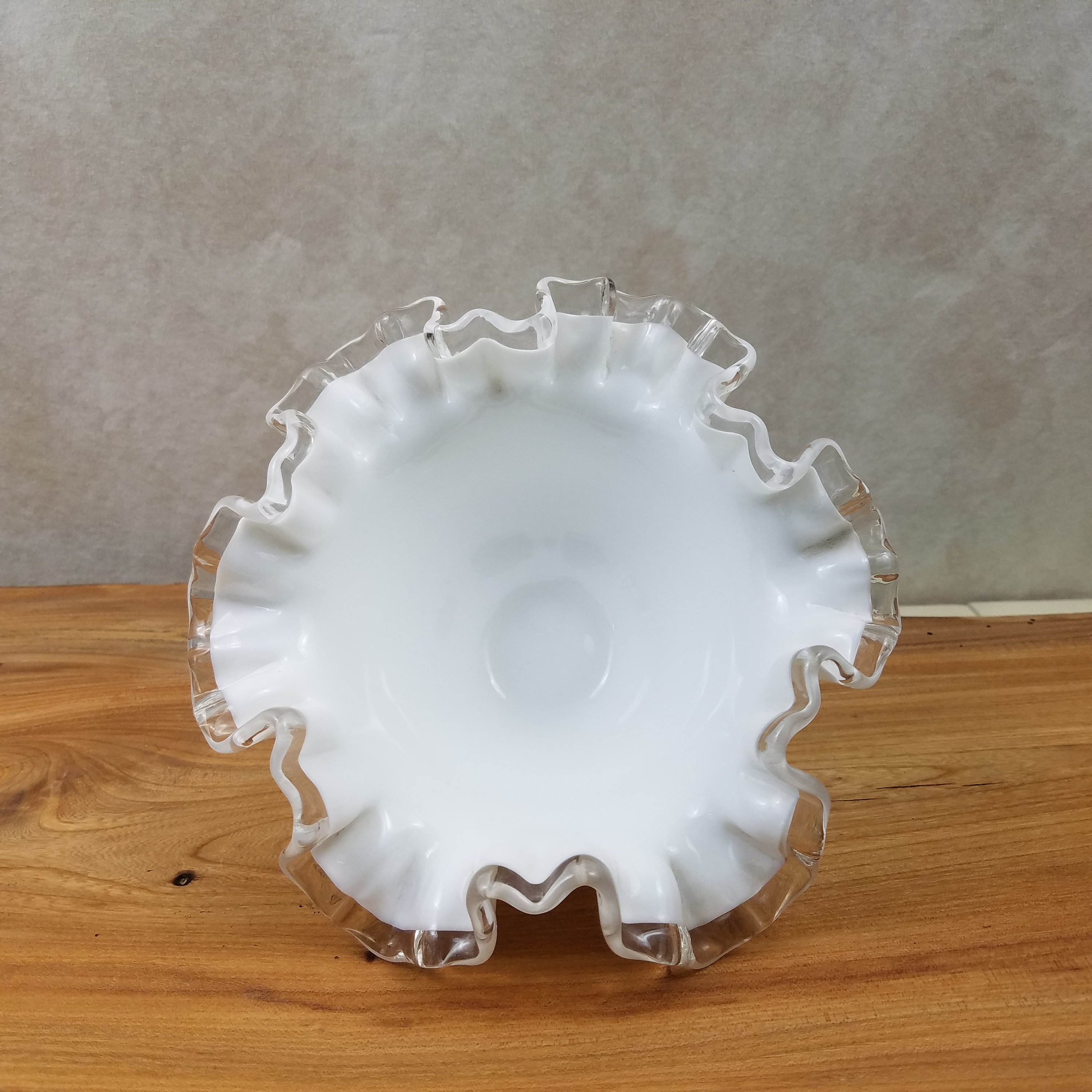 Vintage Milk Glass Ruffled Bowl with Clear Edge, White Farmhouse Decor