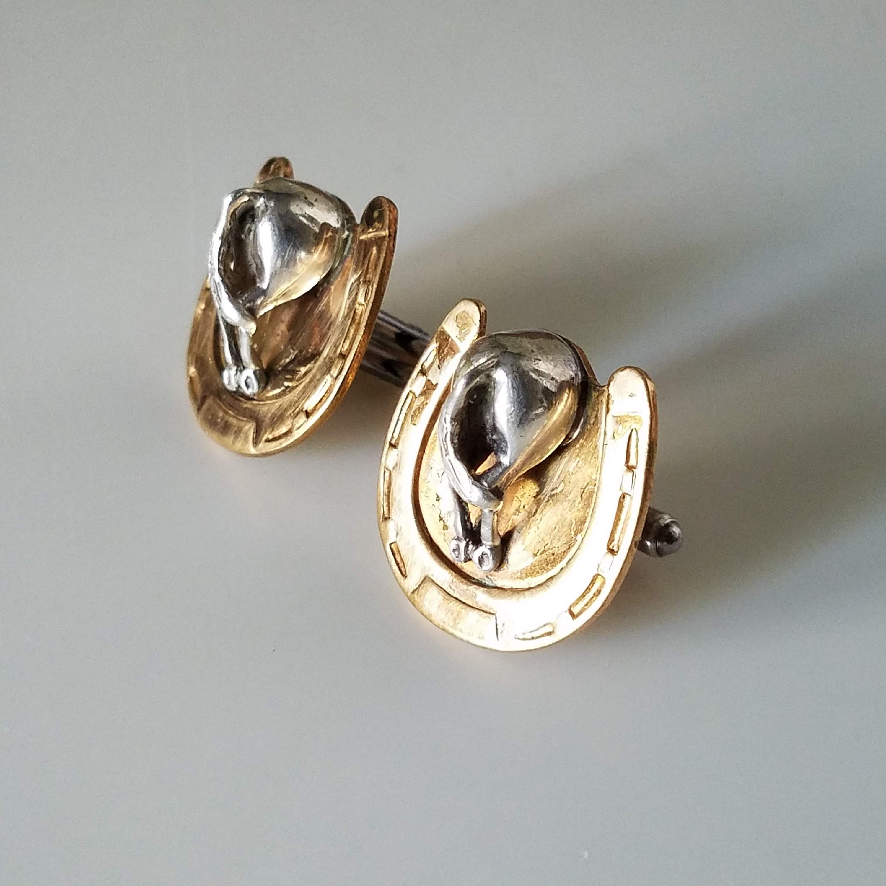 Equestrian Cufflinks, Vintage Sterling Silver and 12 kt Gold Lucky ...