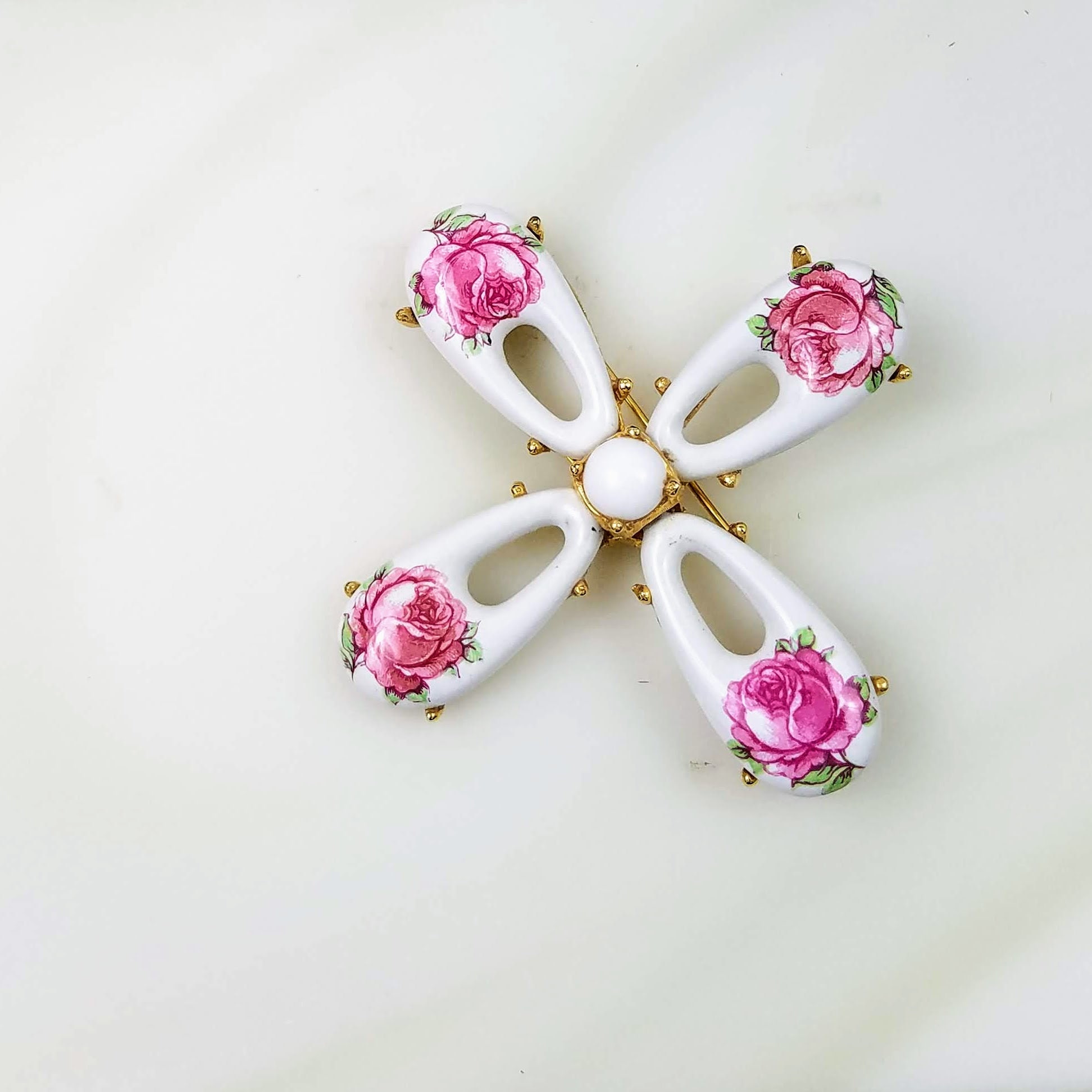 White and Pink Porcelain Brooch, Vintage Pink Flowered Brooch Signed ...