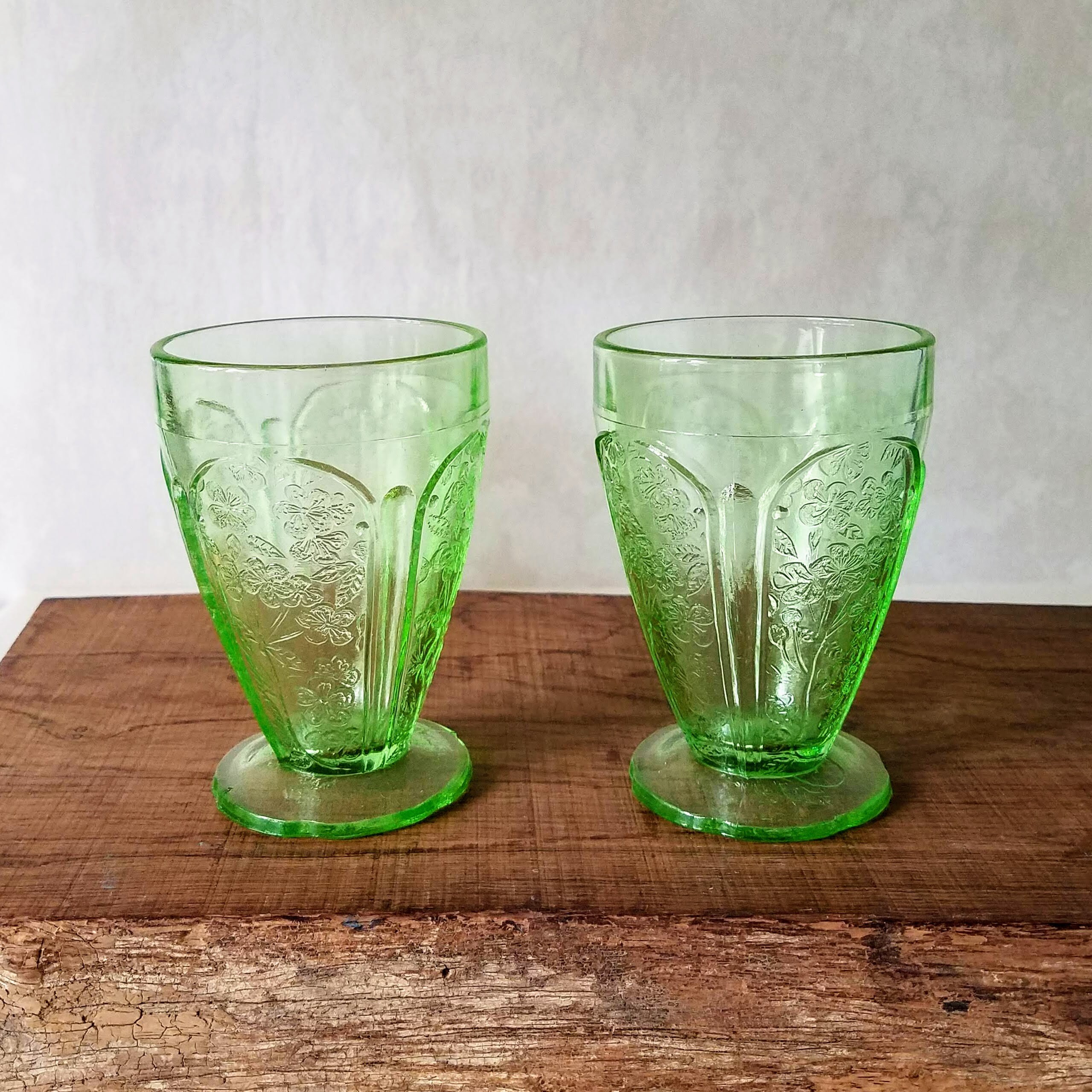 Vintage Green Pressed Glass Footed Tumblers or Goblets, Two Cherry ...