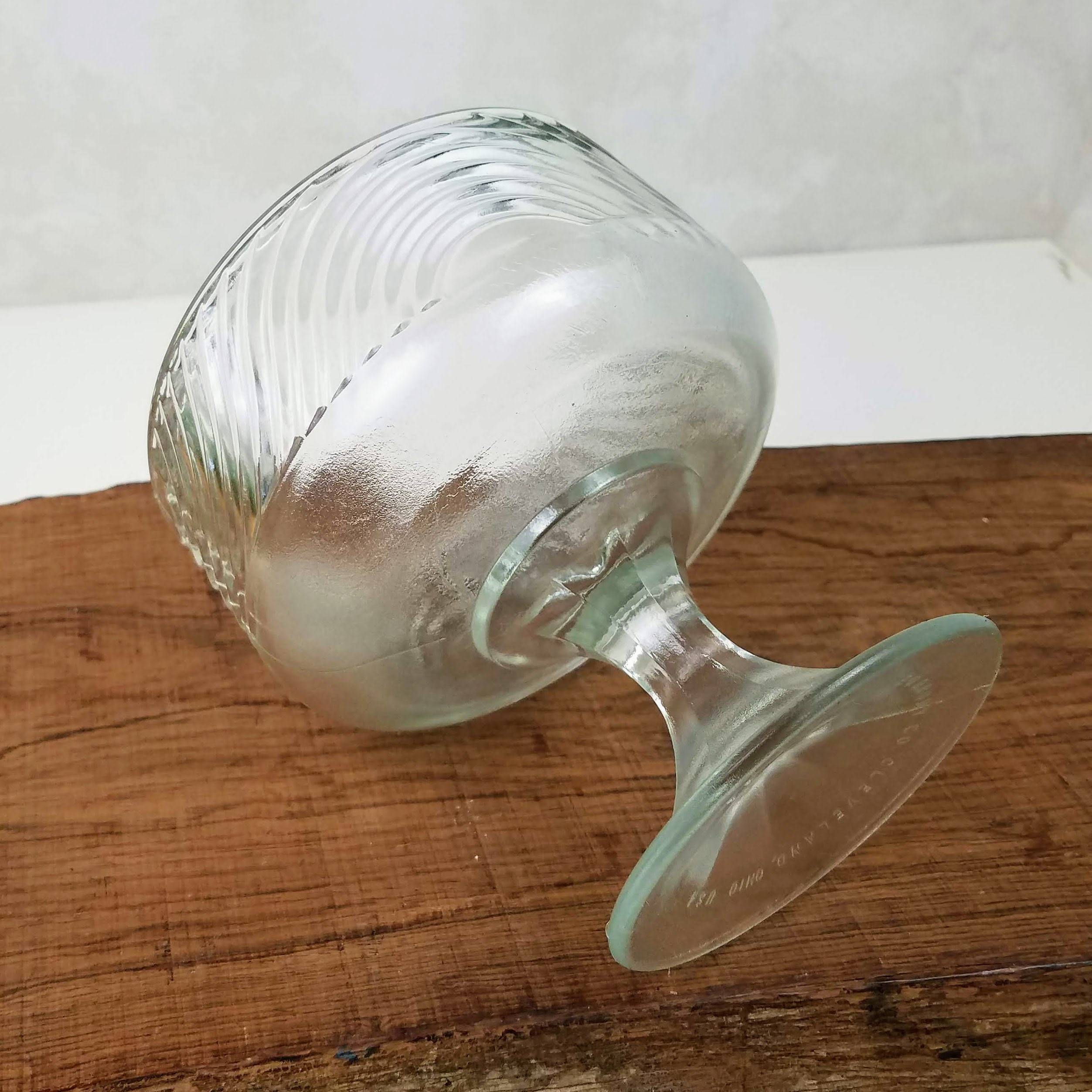 Vintage Pressed Glass Compote, EO Brody Company Small Swirled Clear Compote
