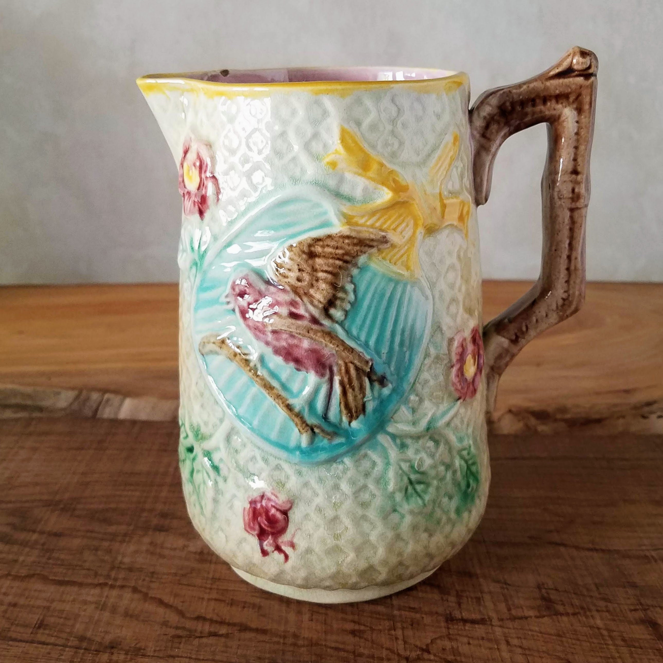 Antique Victorian Majolica Pitcher, Pitcher Vase with Birds and Fan Motif