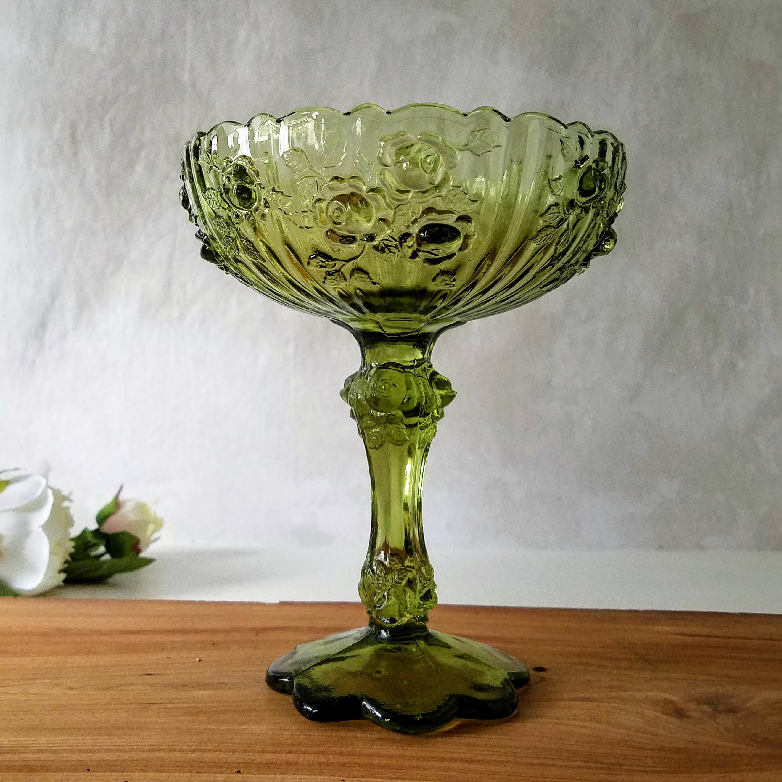 Fenton Cabbage Rose Compote, Green Glass Pedestal Dish, Vintage Art ...