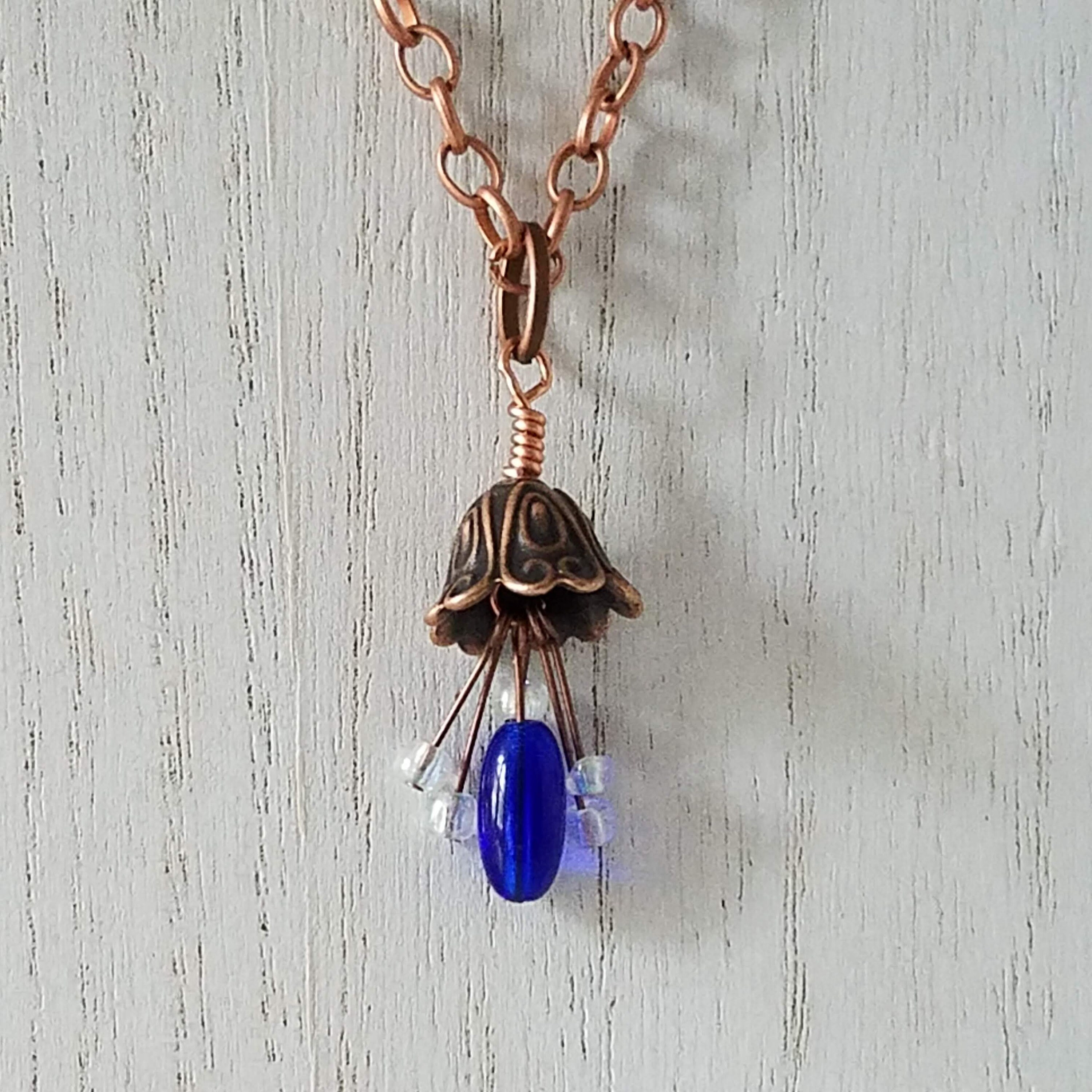 Copper Flower Pendant Necklace, Cobalt Blue Glass and Copper Flower ...