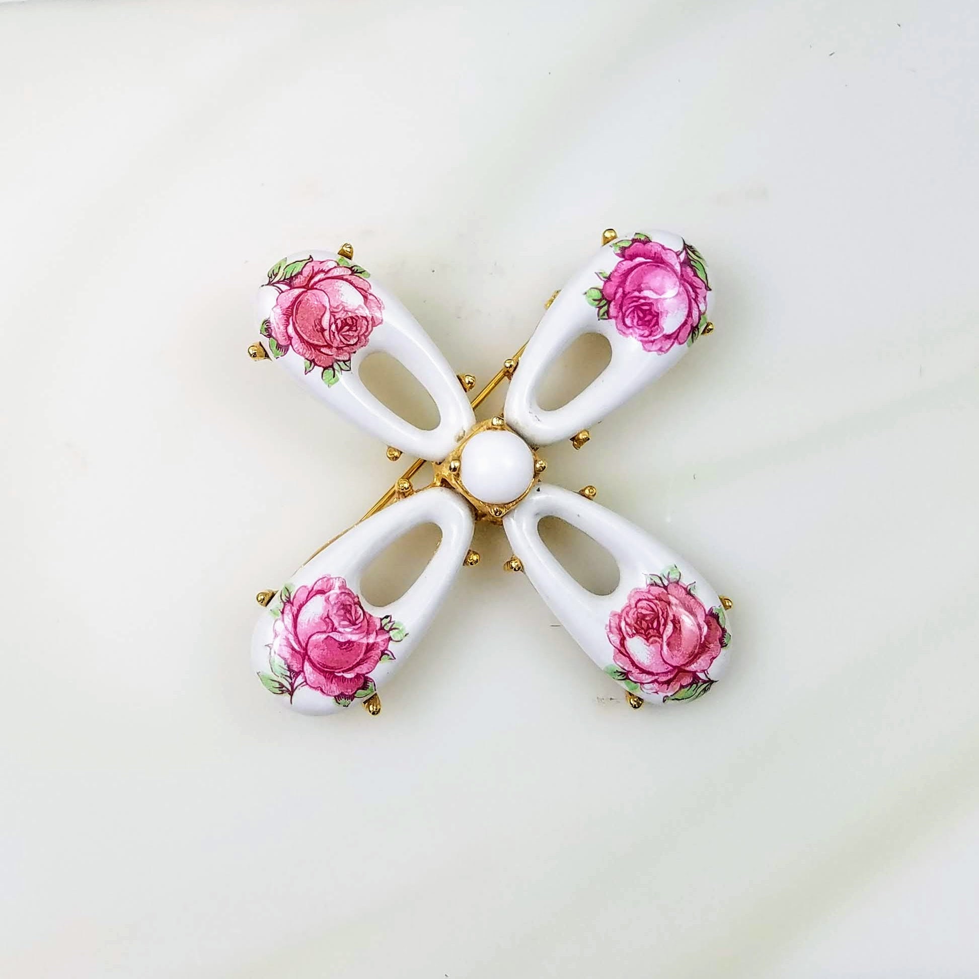 White and Pink Porcelain Brooch, Vintage Pink Flowered Brooch Signed ...