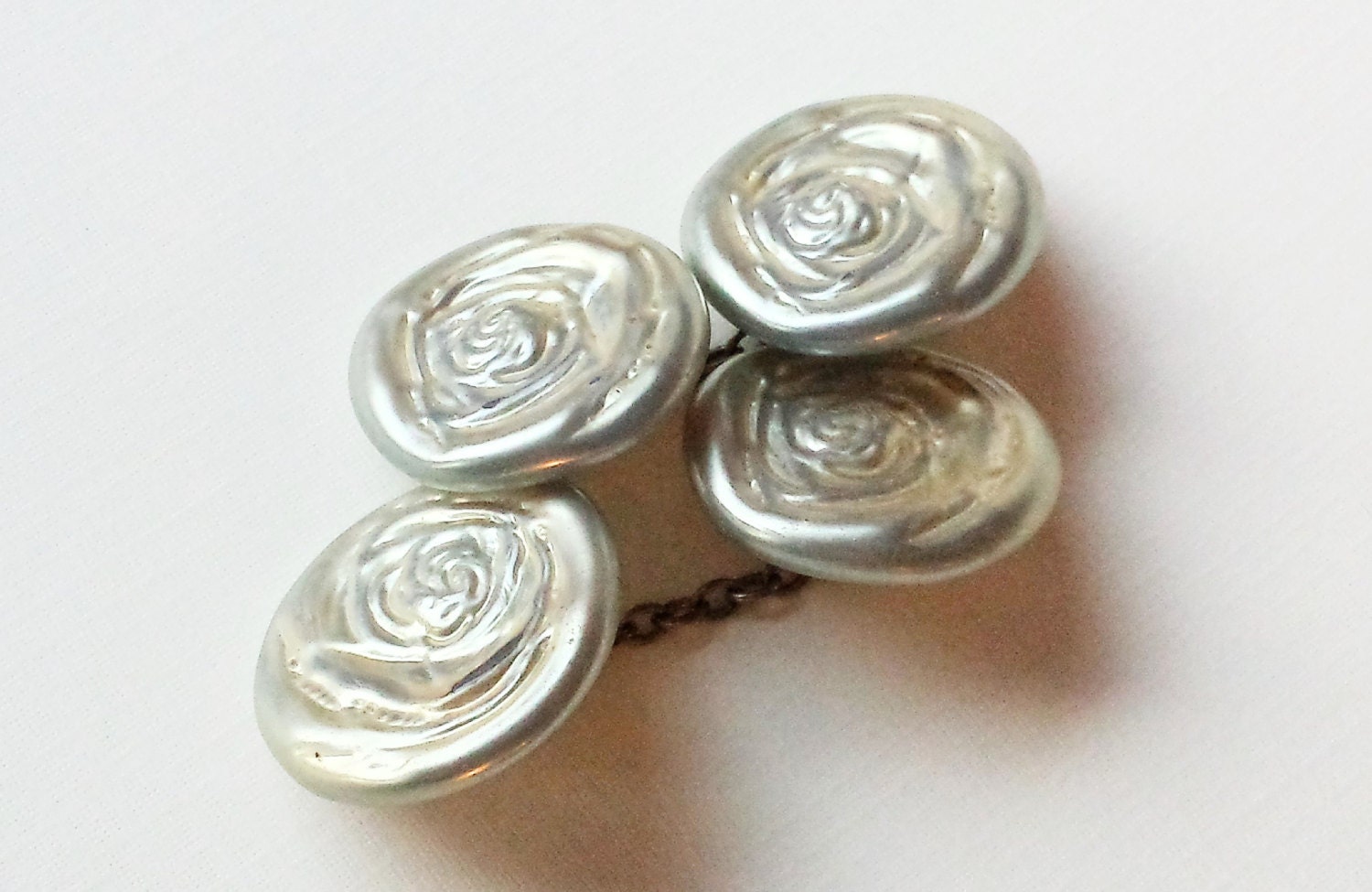 Vintage Cuff Links, Silver White Cufflinks, Vintage Rose Buttons, Chain ...
