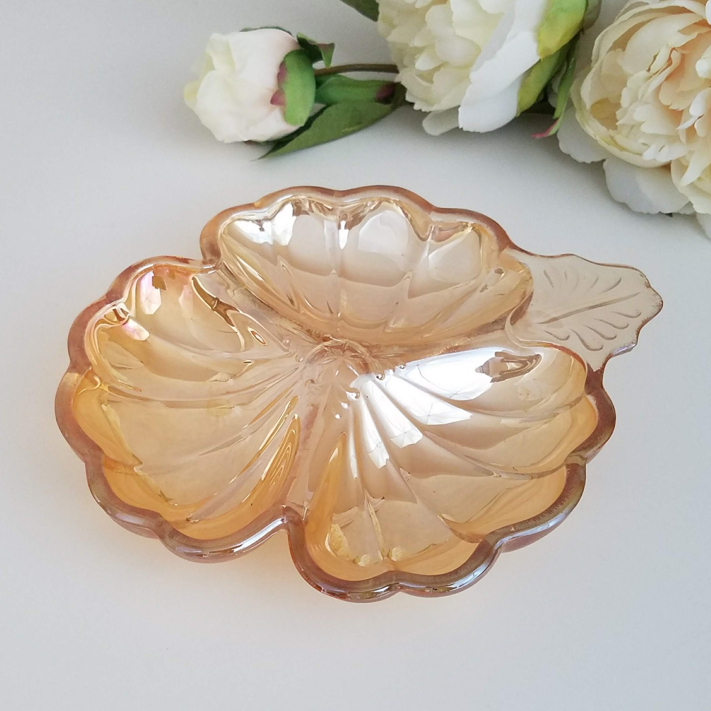 Vintage Carnival Glass Candy Dish, Jeannette Marigold Doric Clover ...