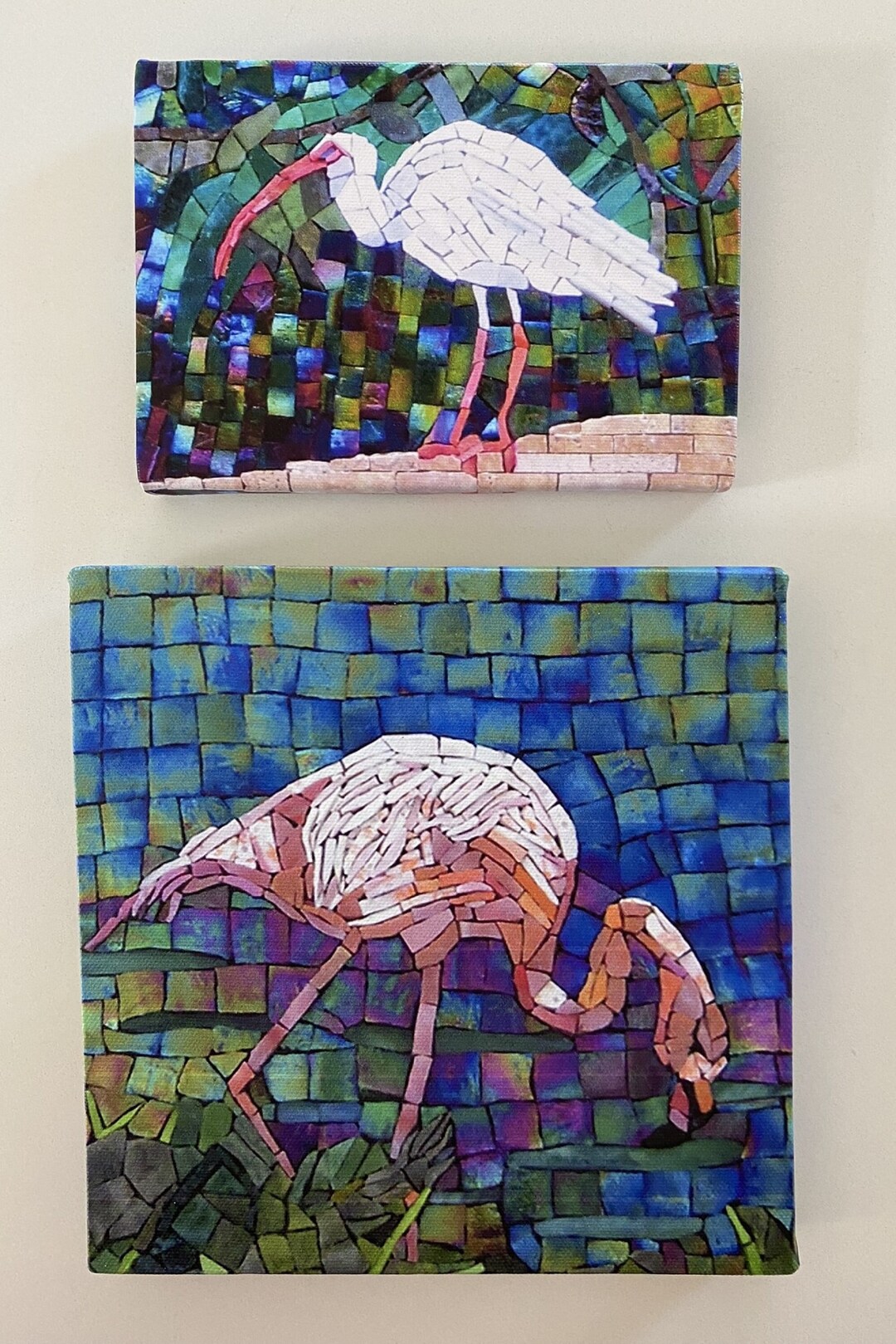 Flamingo and White Ibis 2-piece Set Mosaic Art on Canvas Gift or ...