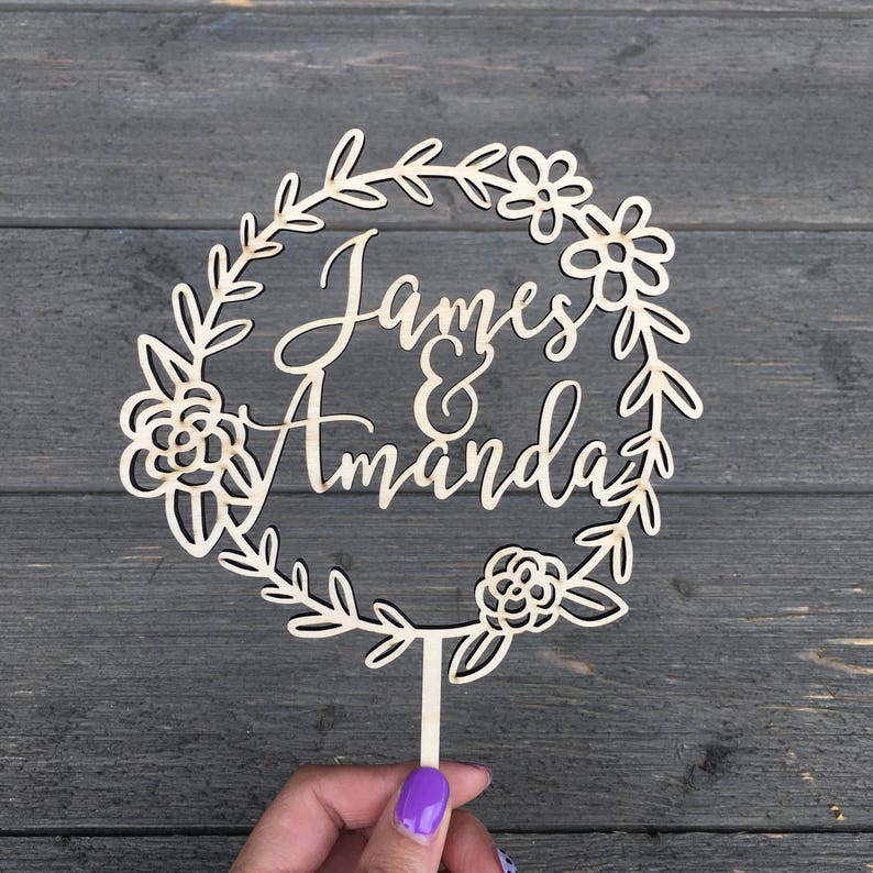 Floral Wreath Wedding Cake Topper With Personalizable Names - Etsy
