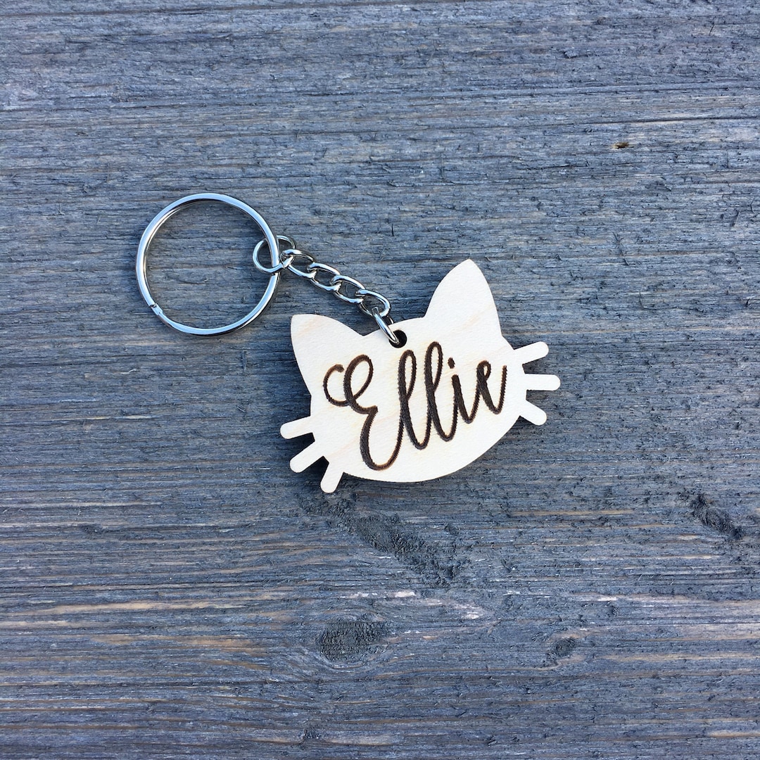 Personalized Cat Keychain, Custom Keychain, Engraved Wood Keychain ...