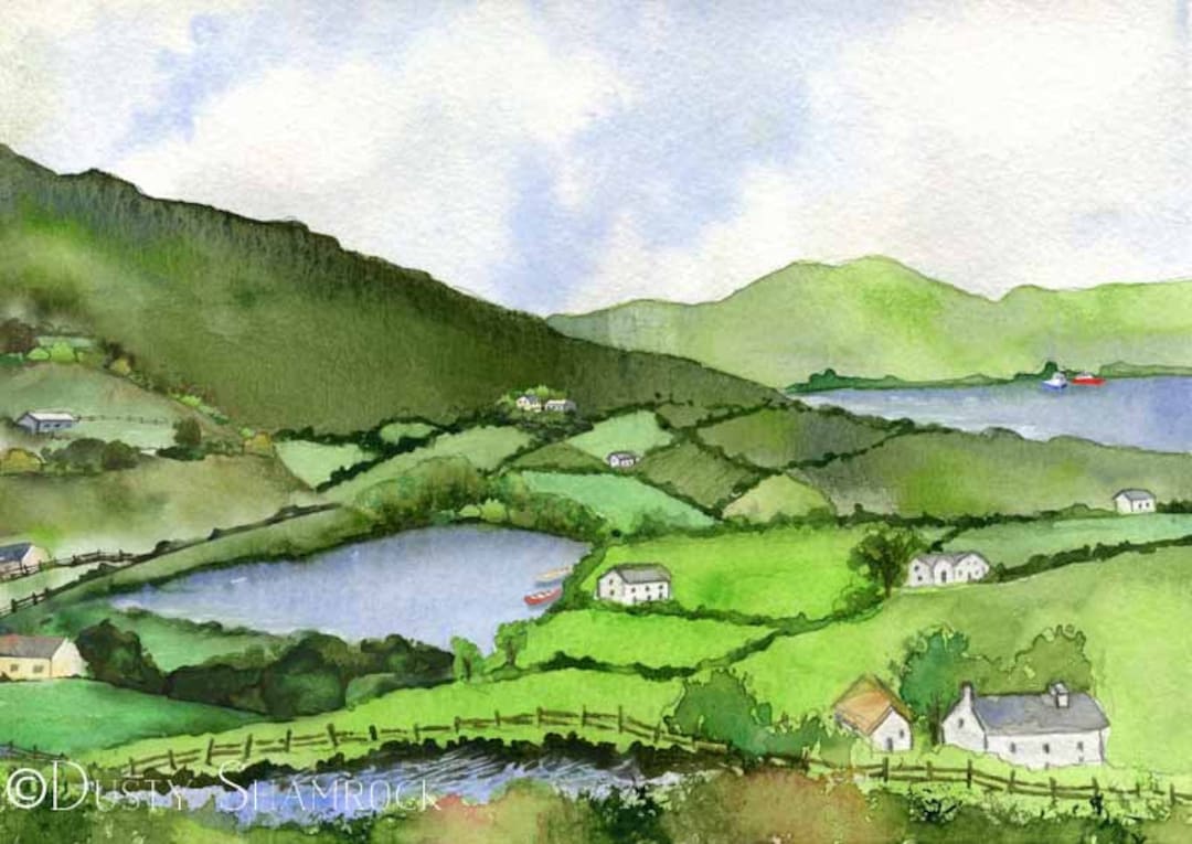 LARGE Ireland Watercolor - Rolling Hills of Ireland - Irish Painting ...