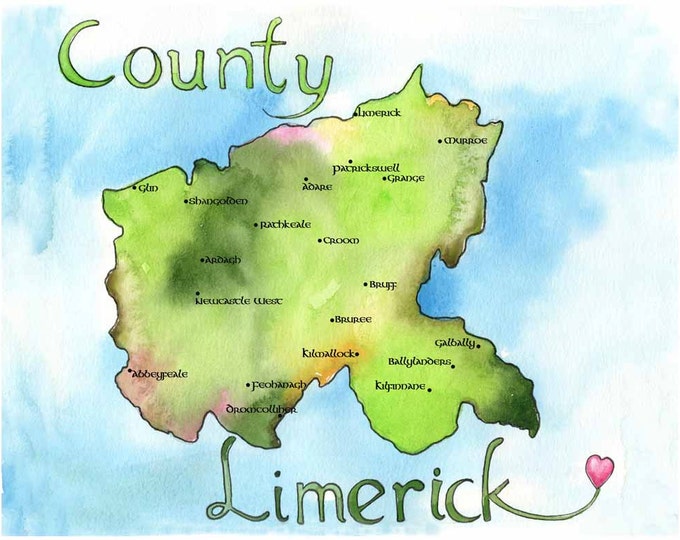 Map Art Ireland Map County Limerick Ireland Fine Art Watercolor Print ...