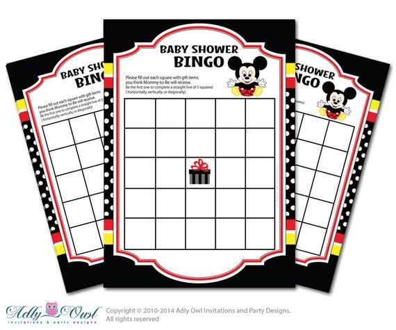 Red black Mickey Mouse Bingo Game Printable Card for Baby Boy Shower ...