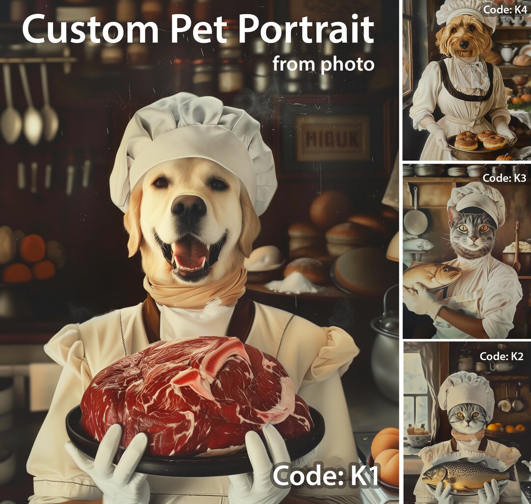 Funny Kitchen Dog Custom Portrait From Photo, Cat Custom Portrait ...