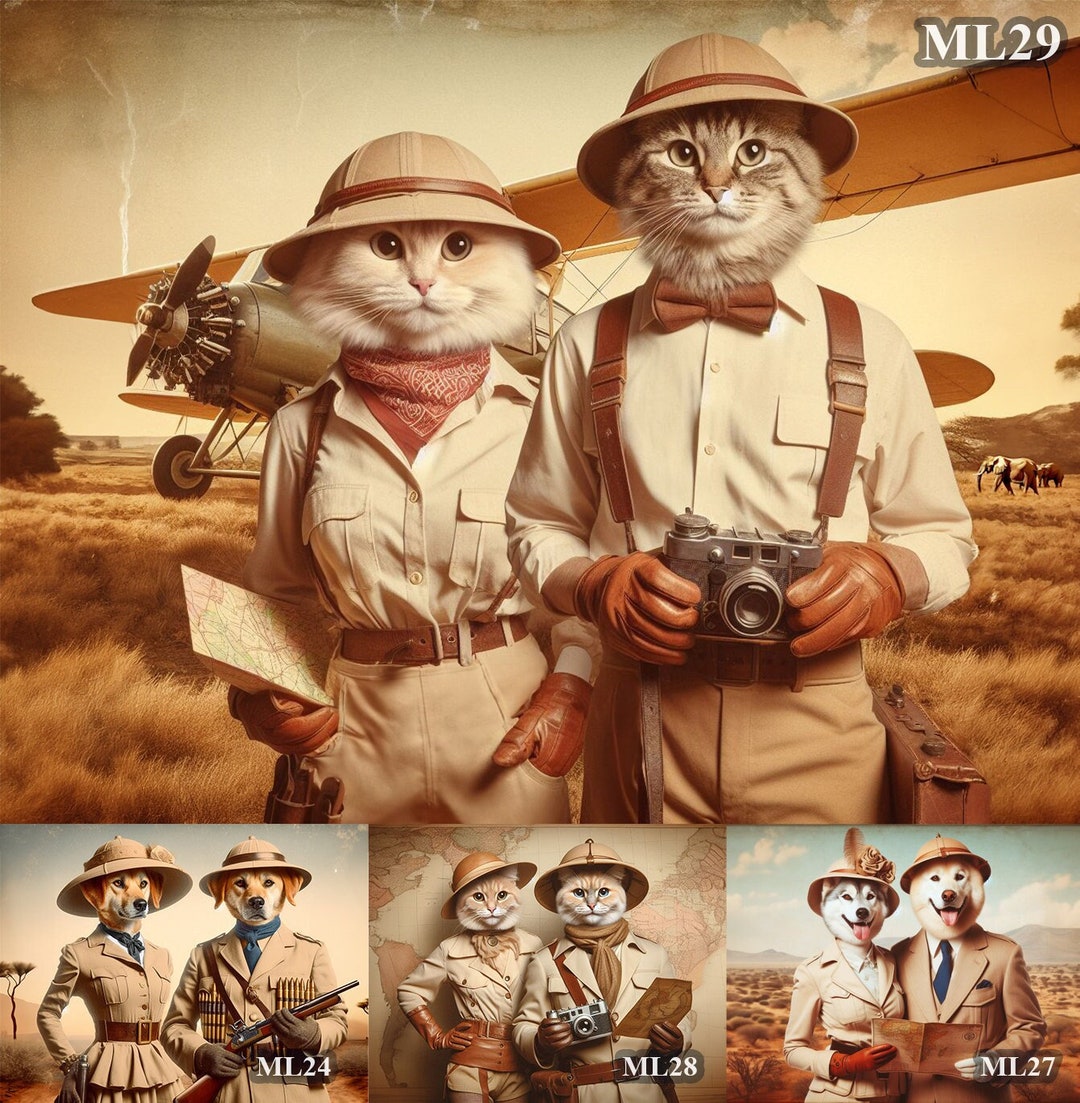 Custom Pet Explorer Portrait With Vintage Aircraft Wearing Archeologist ...