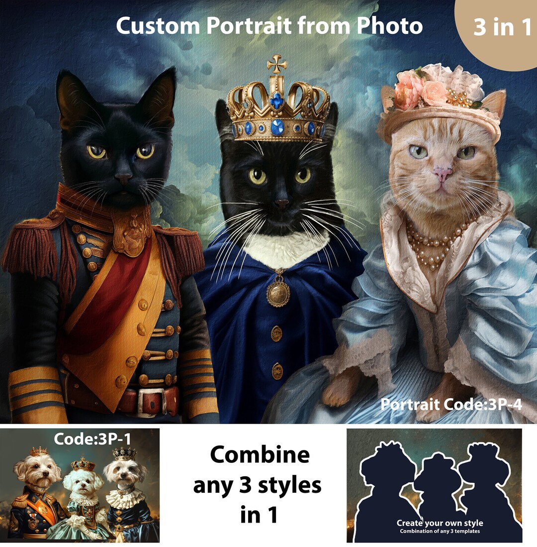 3 Cat Portrait, Multiple Custom Pet Portrait, Pet Portrait Custom Dog ...
