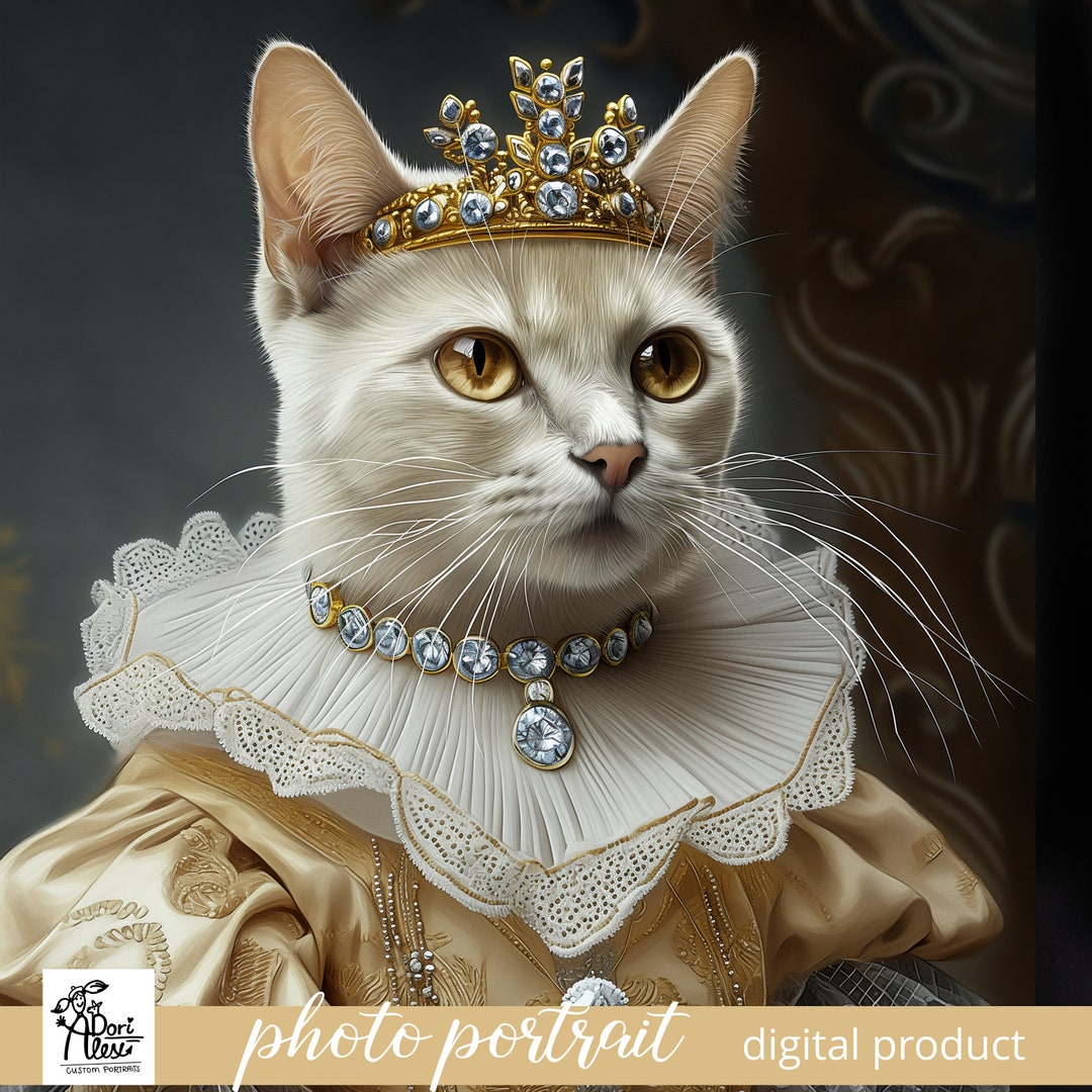 Cat in Queen Dress Portrait With Crown, Portrait From Photo in Yellow ...