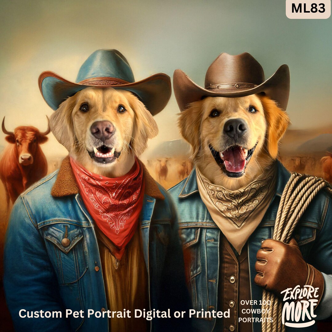 Two Dog Cowboy Pet Portrait From Photo Western Country Series, Dog ...